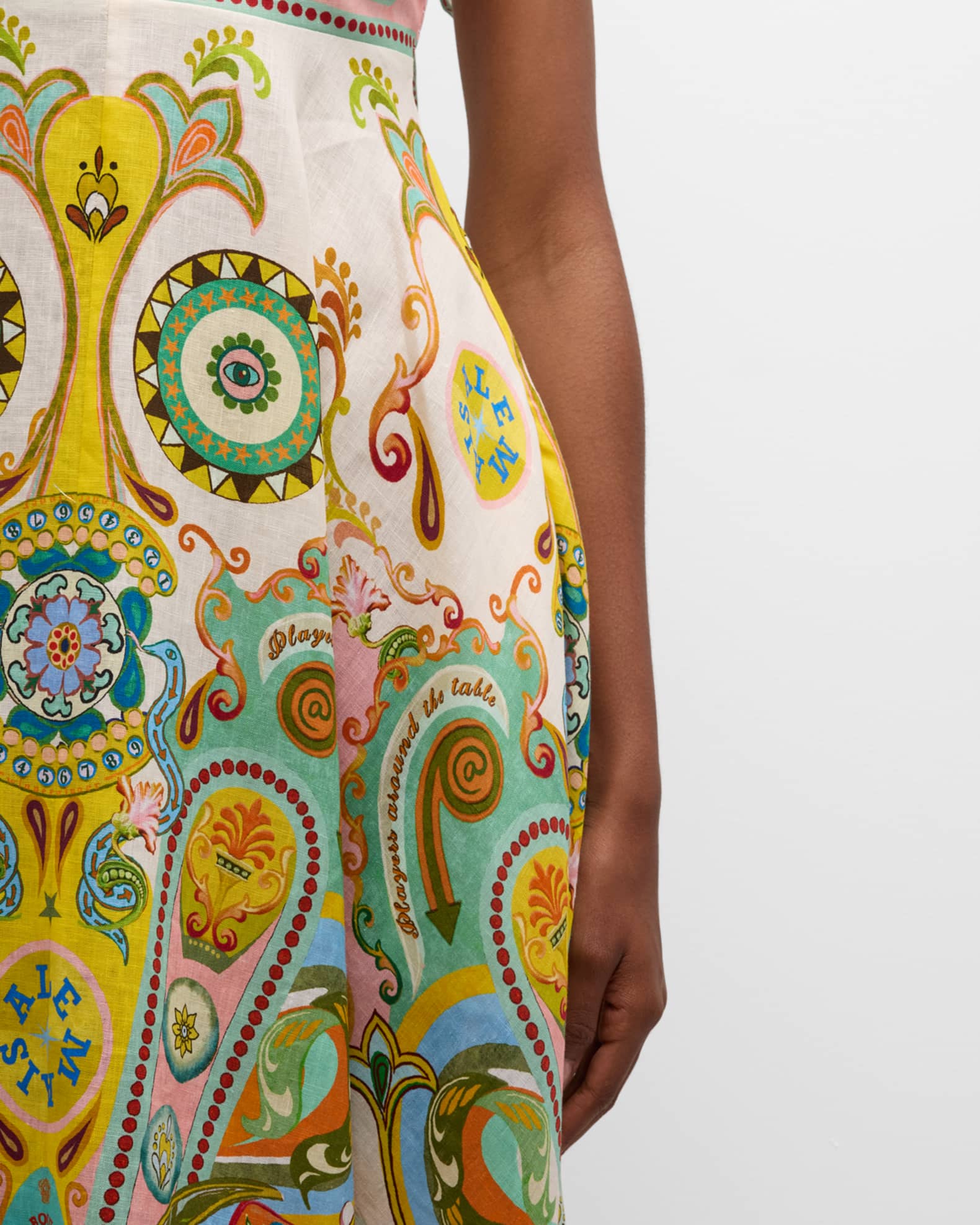 ALEMAIS Pinball Paisley Linen Tie-Strap Midi Dress | Neiman Marcus