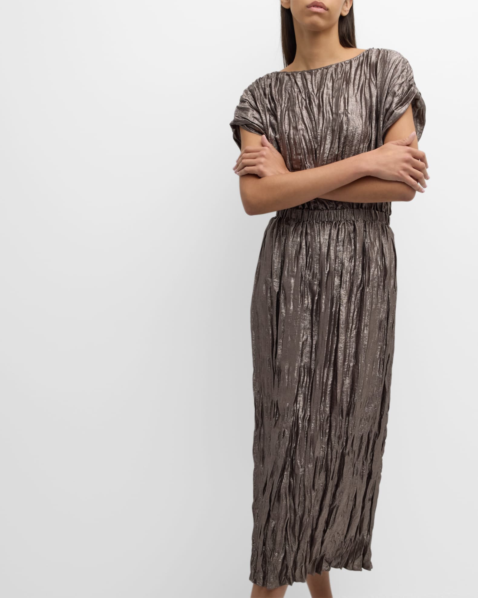 Lafayette 148 New York Crinkled Metallic Foil Midi Dress | Neiman Marcus