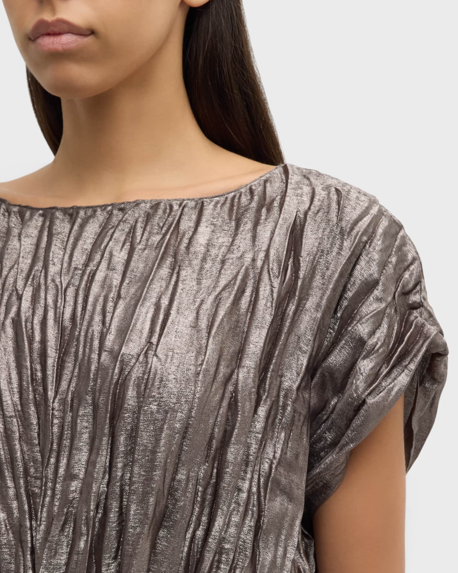 Lafayette 148 New York Crinkled Metallic Foil Midi Dress | Neiman Marcus