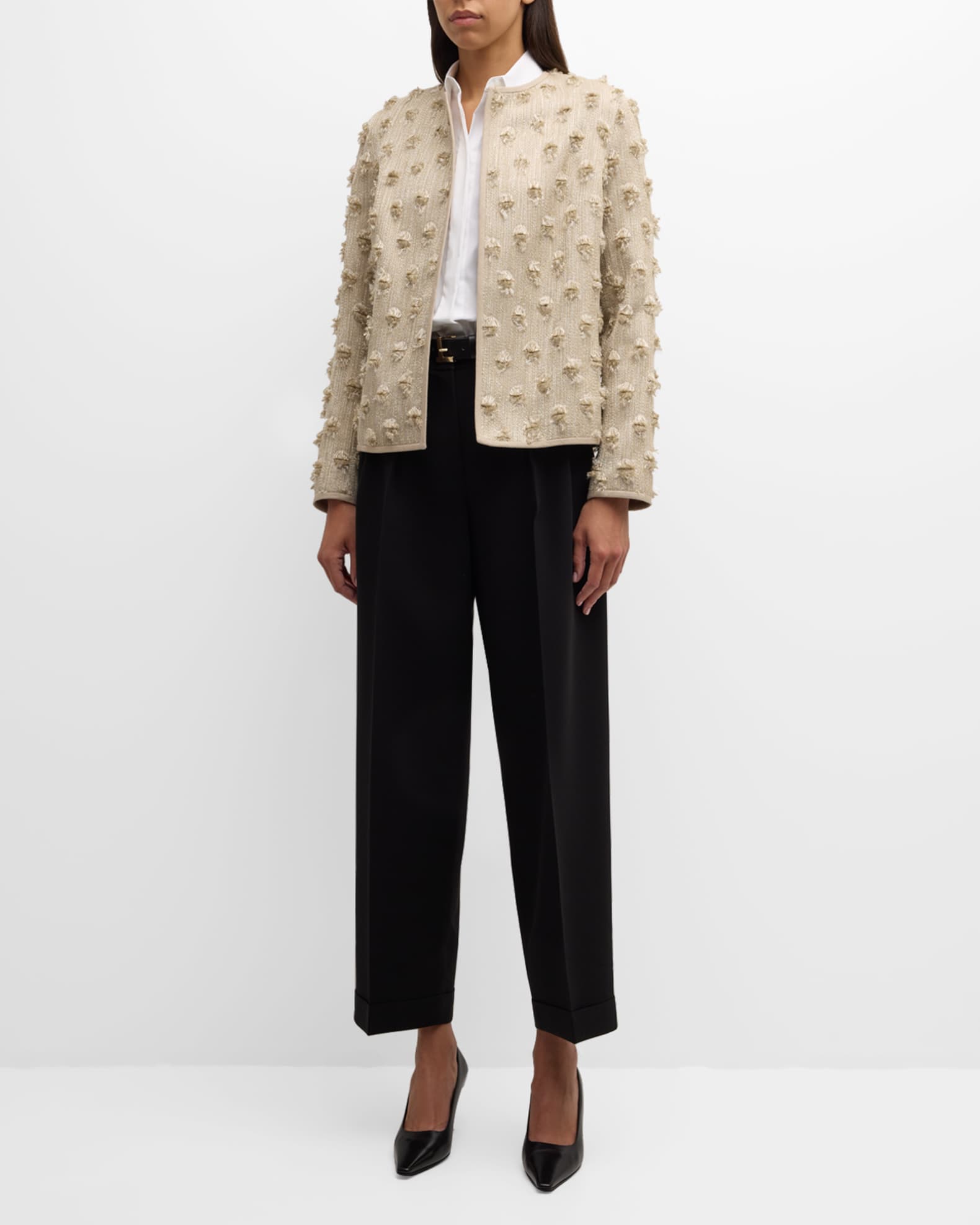 Lafayette 148 New York Open-Front Fringe Dot Jacquard Jacket | Neiman ...