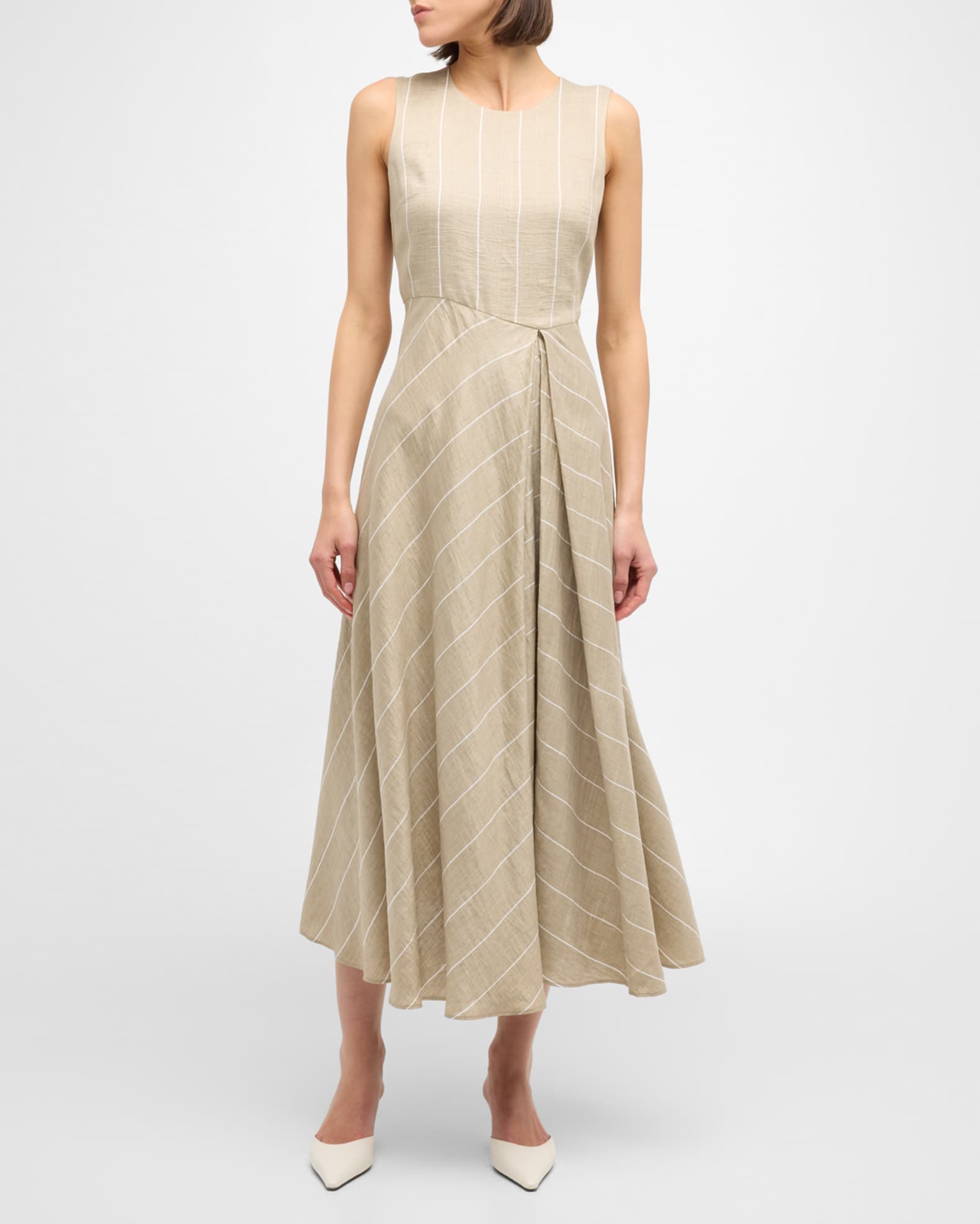 Lafayette 148 New York Pleated Striped A-Line Midi Dress | Neiman Marcus