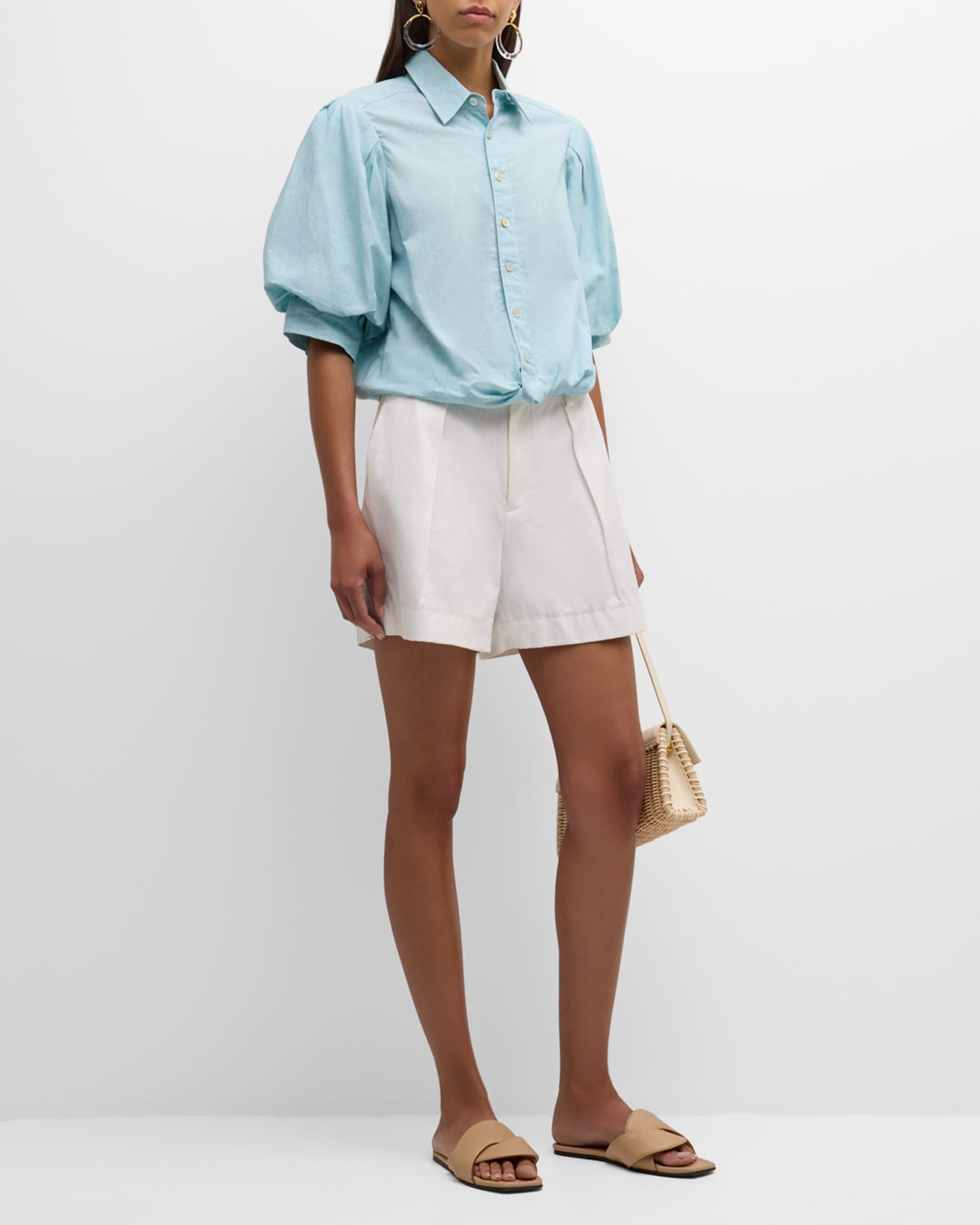 Finley Bomba Blouson-Sleeve Cotton-Linen Top | Neiman Marcus