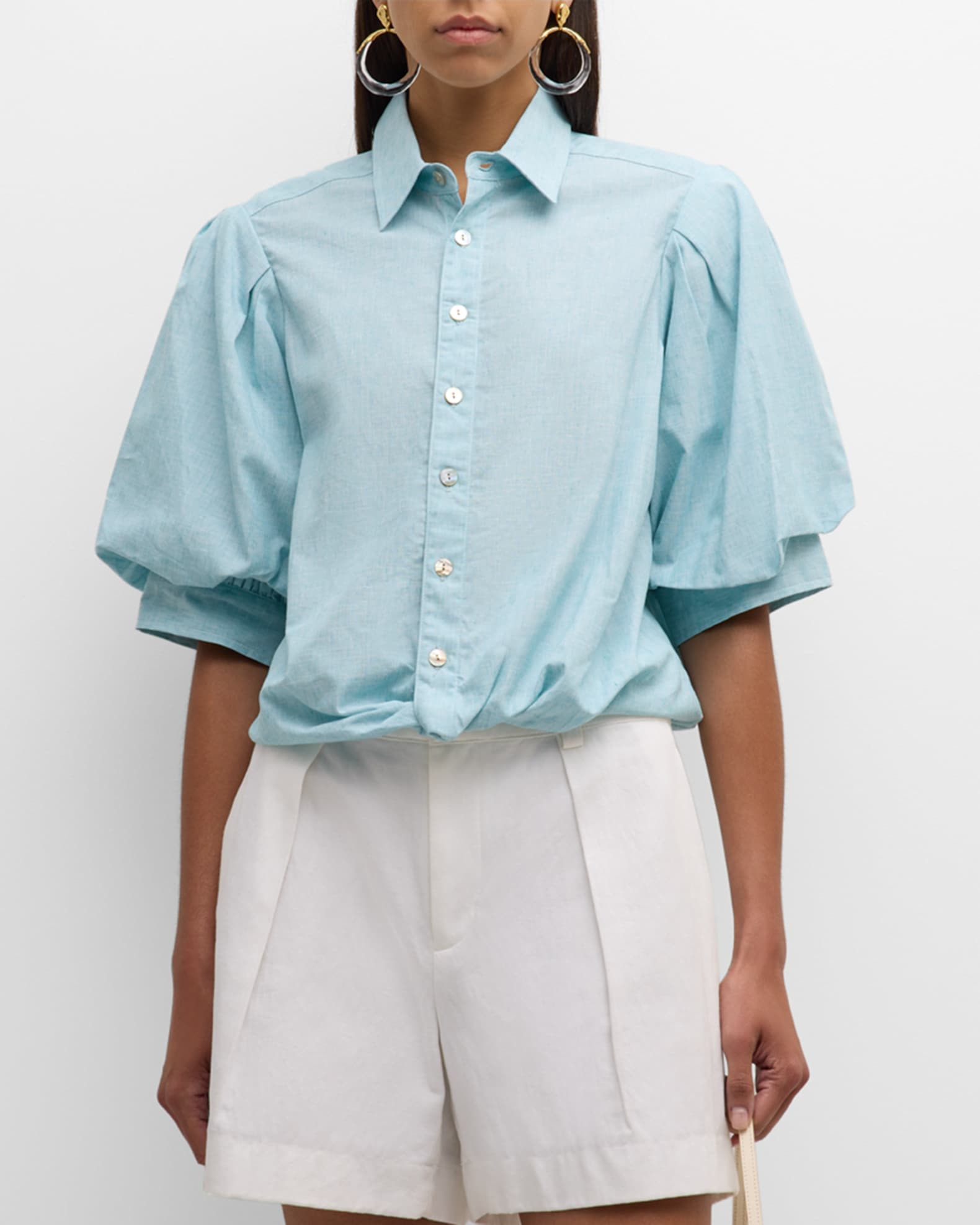 Finley Bomba Blouson-Sleeve Cotton-Linen Top | Neiman Marcus