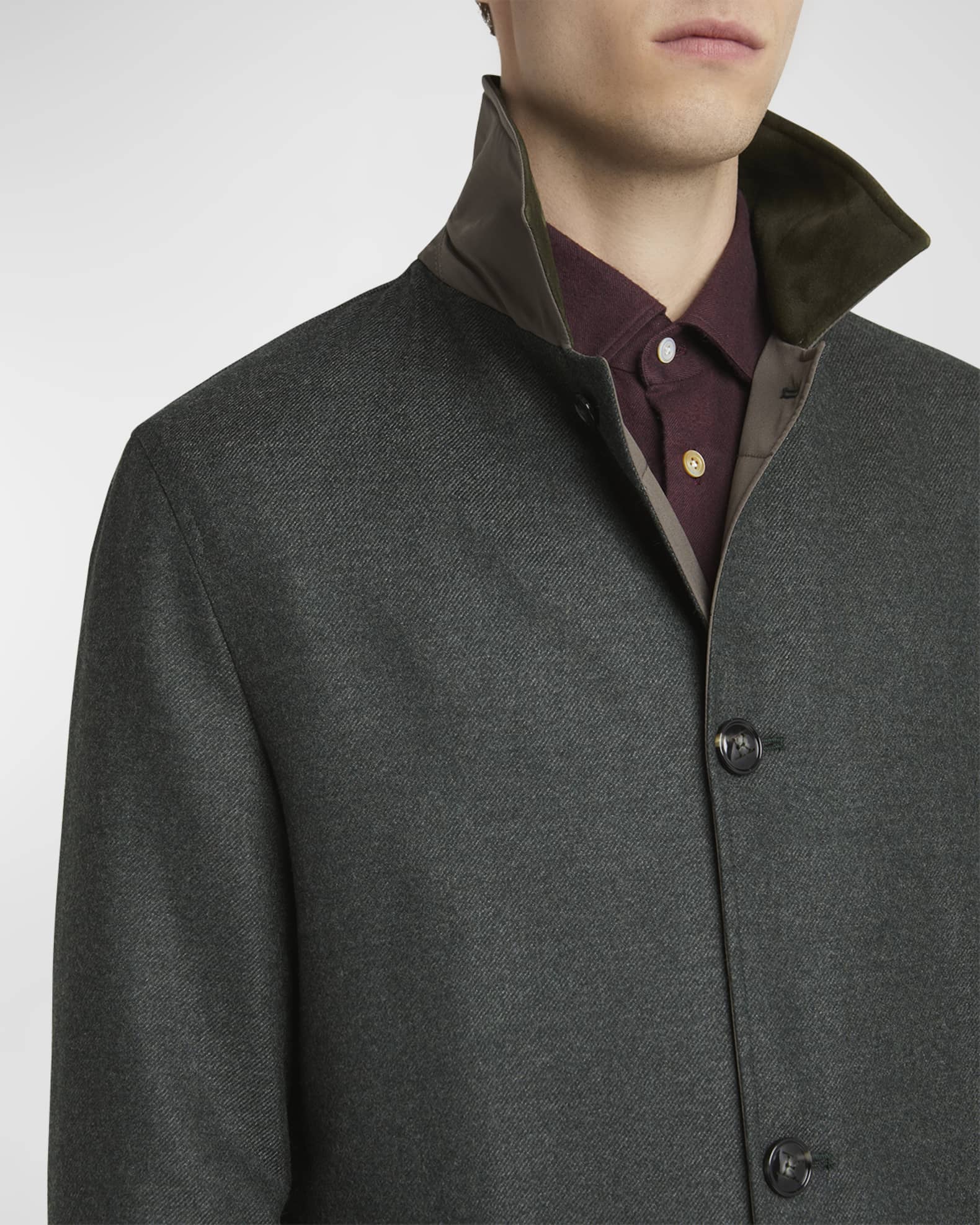 Kiton Suede-Collar Reversible Wool-Cashmere Raincoat | Neiman Marcus
