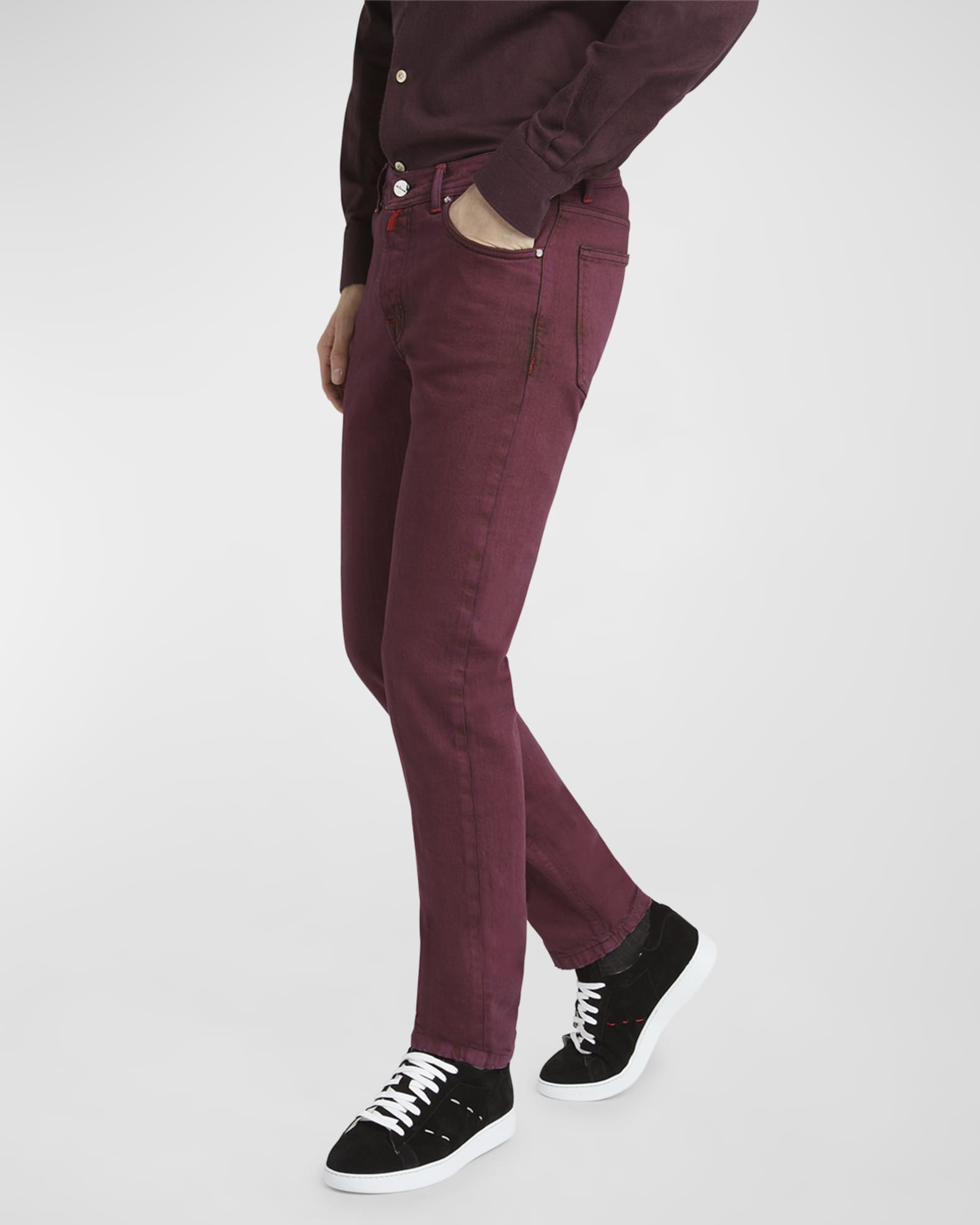 Kiton Men's Burgundy Overdyed Straight-Leg Jeans | Neiman Marcus