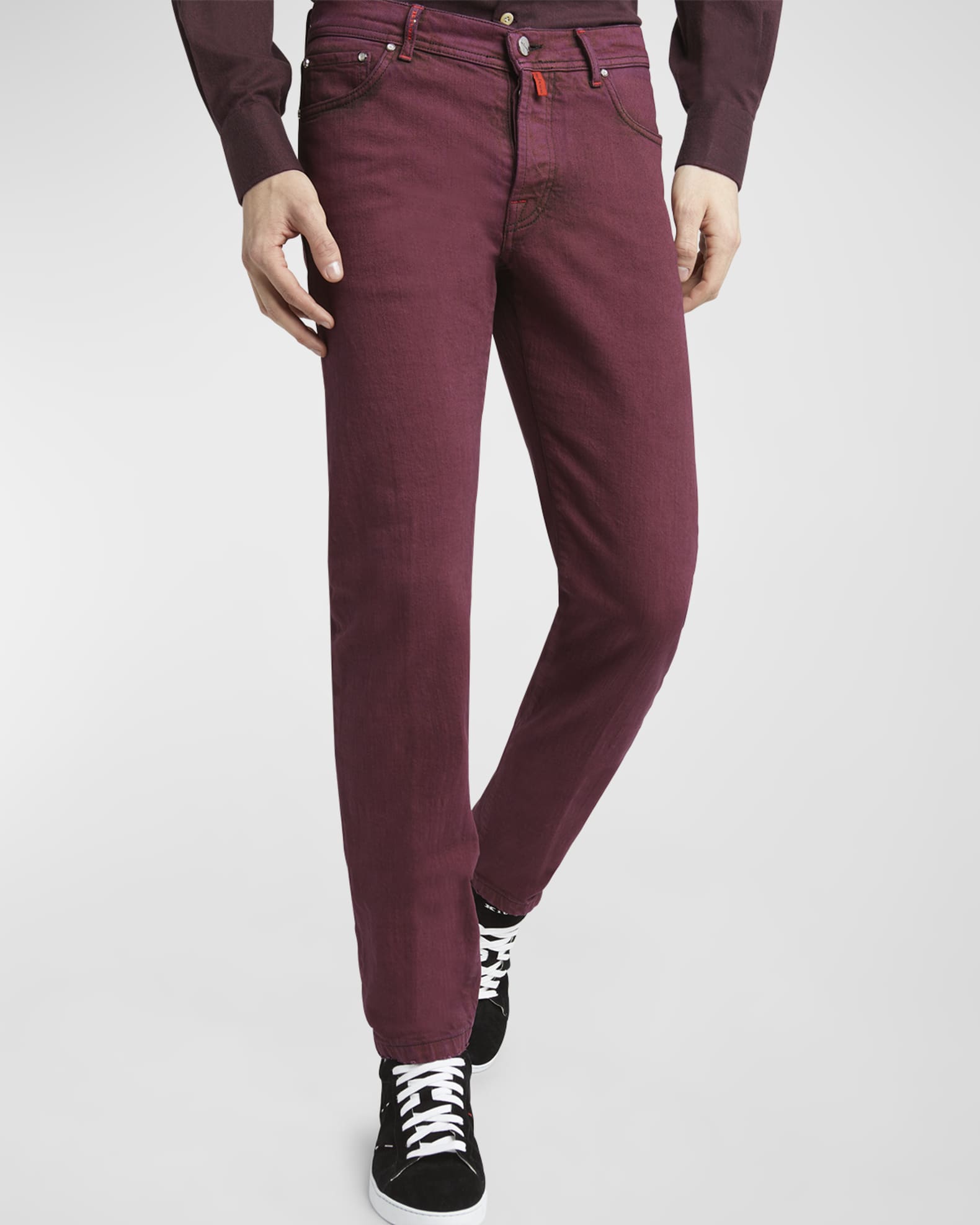 Kiton Men's Burgundy Overdyed Straight-Leg Jeans | Neiman Marcus