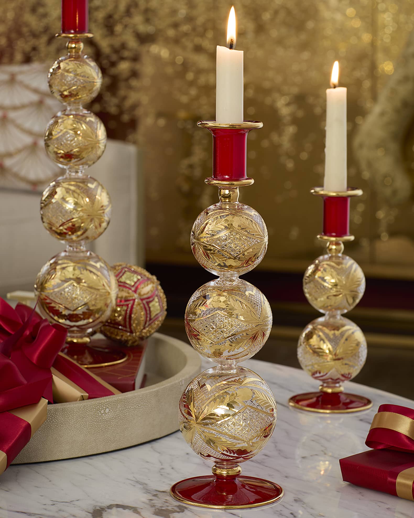 Neiman Marcus 11" Red and Gold-Tone Candle Holder | Neiman Marcus