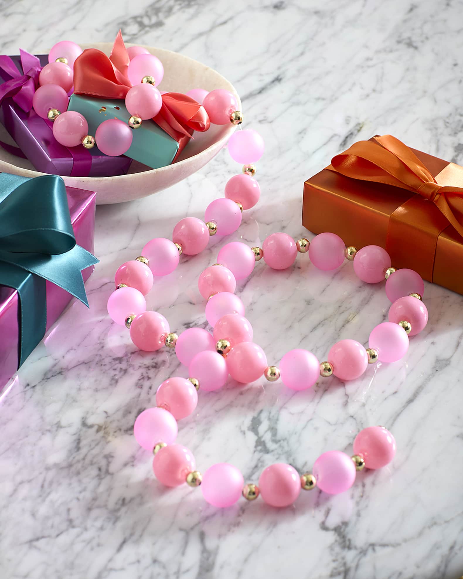 Glitterville 48" Sugar Plum Frosted Glass Ball Garland, Coral | Neiman ...