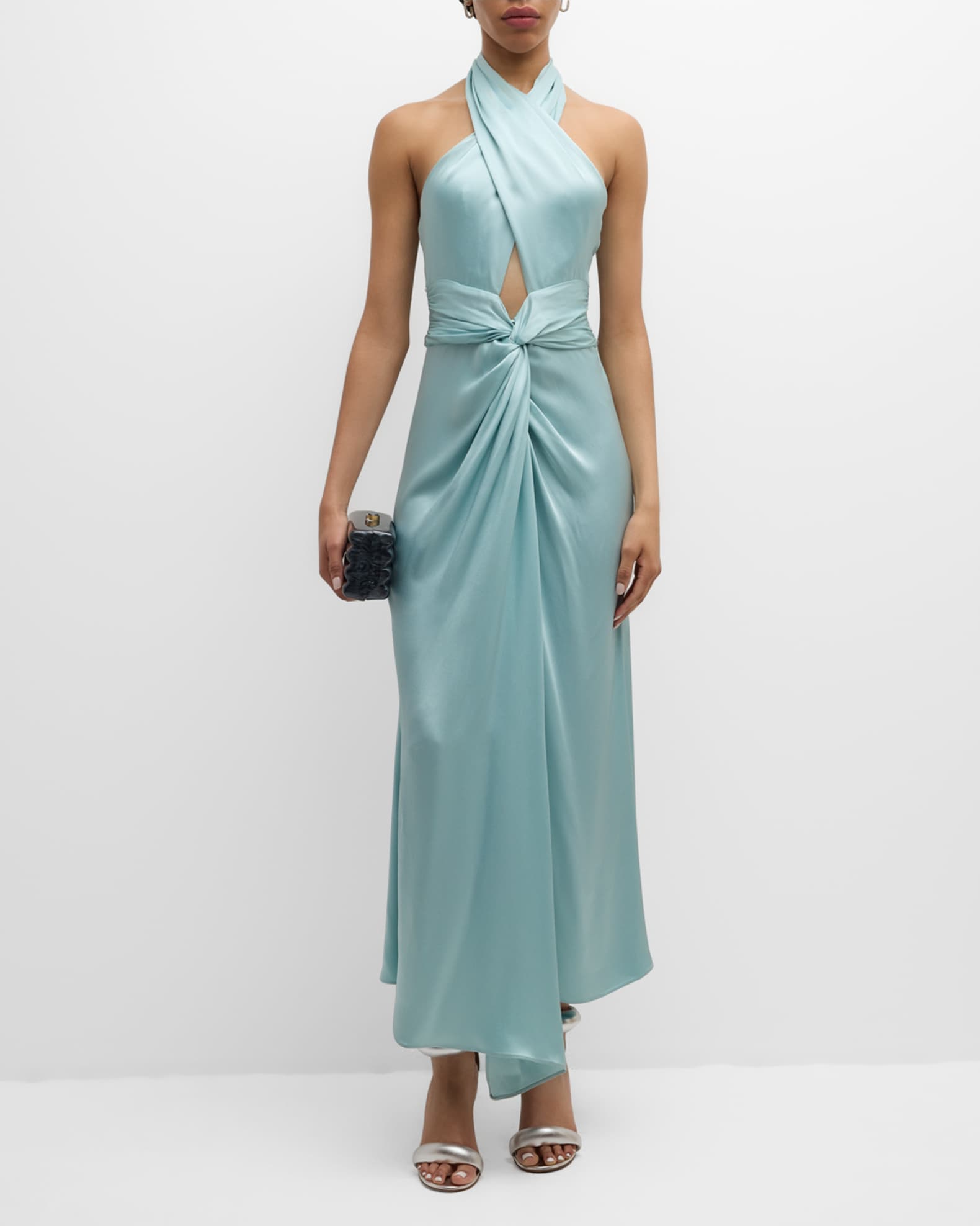 LAPOINTE Plunging Halter Draped Open-Back Satin Maxi Dress | Neiman Marcus