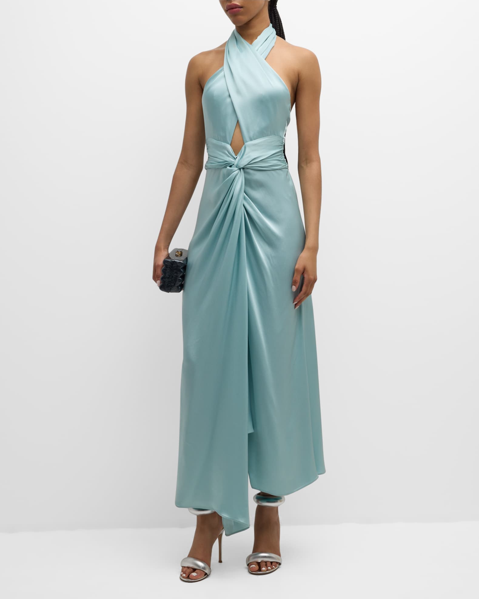 LAPOINTE Plunging Halter Draped Open-Back Satin Maxi Dress | Neiman Marcus