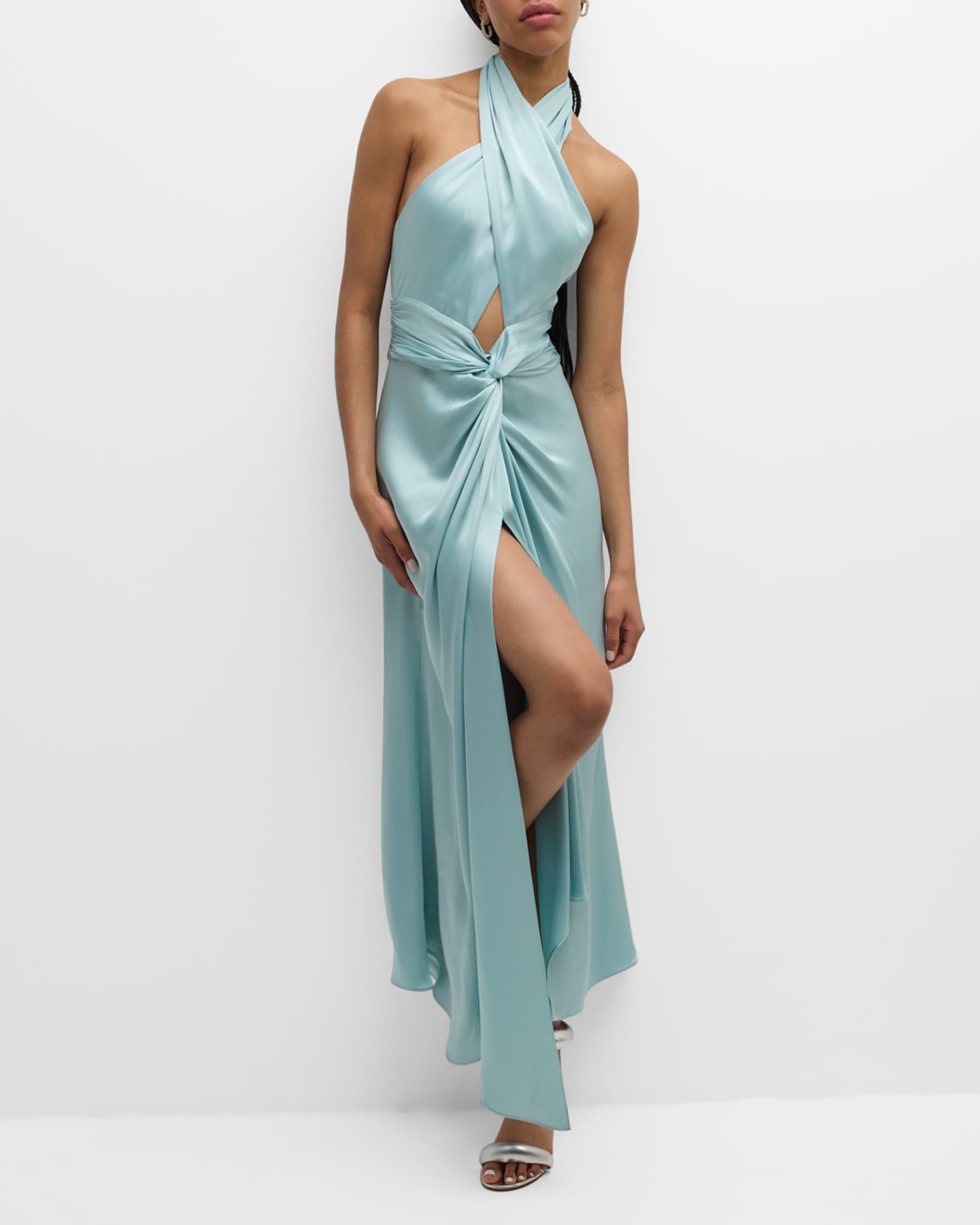 LAPOINTE Plunging Halter Draped Open-Back Satin Maxi Dress | Neiman Marcus