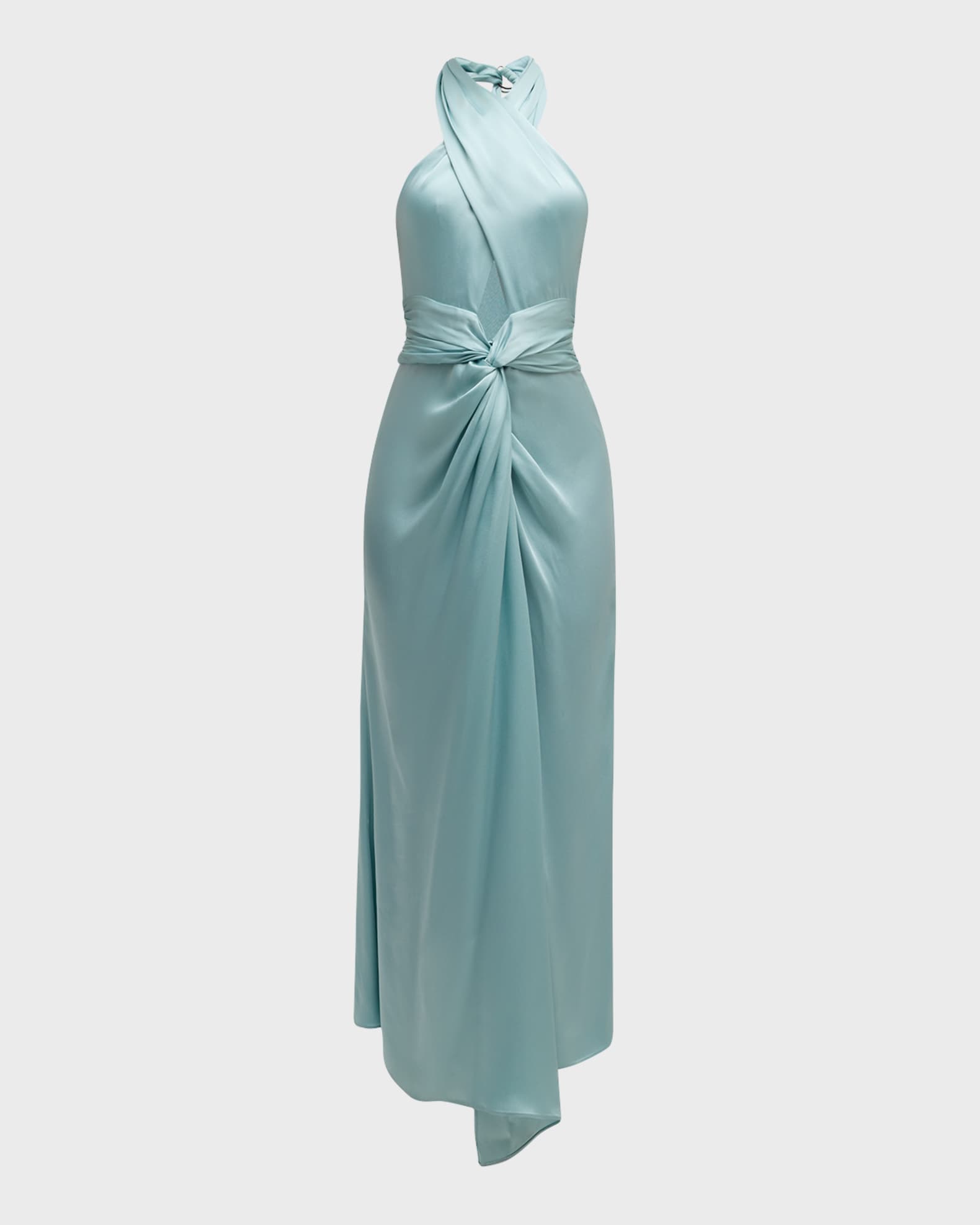 LAPOINTE Plunging Halter Draped Open-Back Satin Maxi Dress | Neiman Marcus