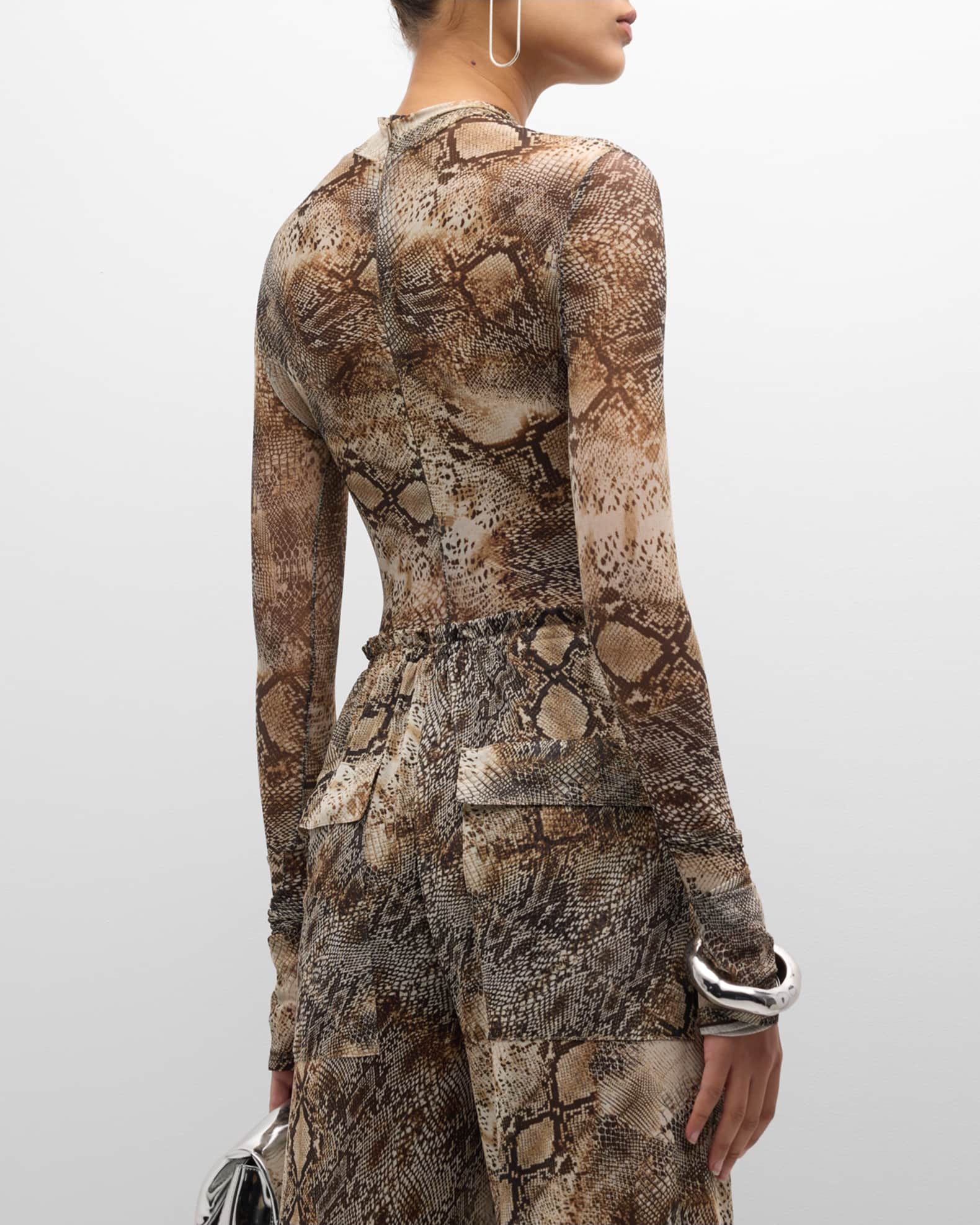 LAPOINTE Snakeskin-Print Mesh Mock-Neck Long-Sleeve Bodysuit | Neiman Marcus