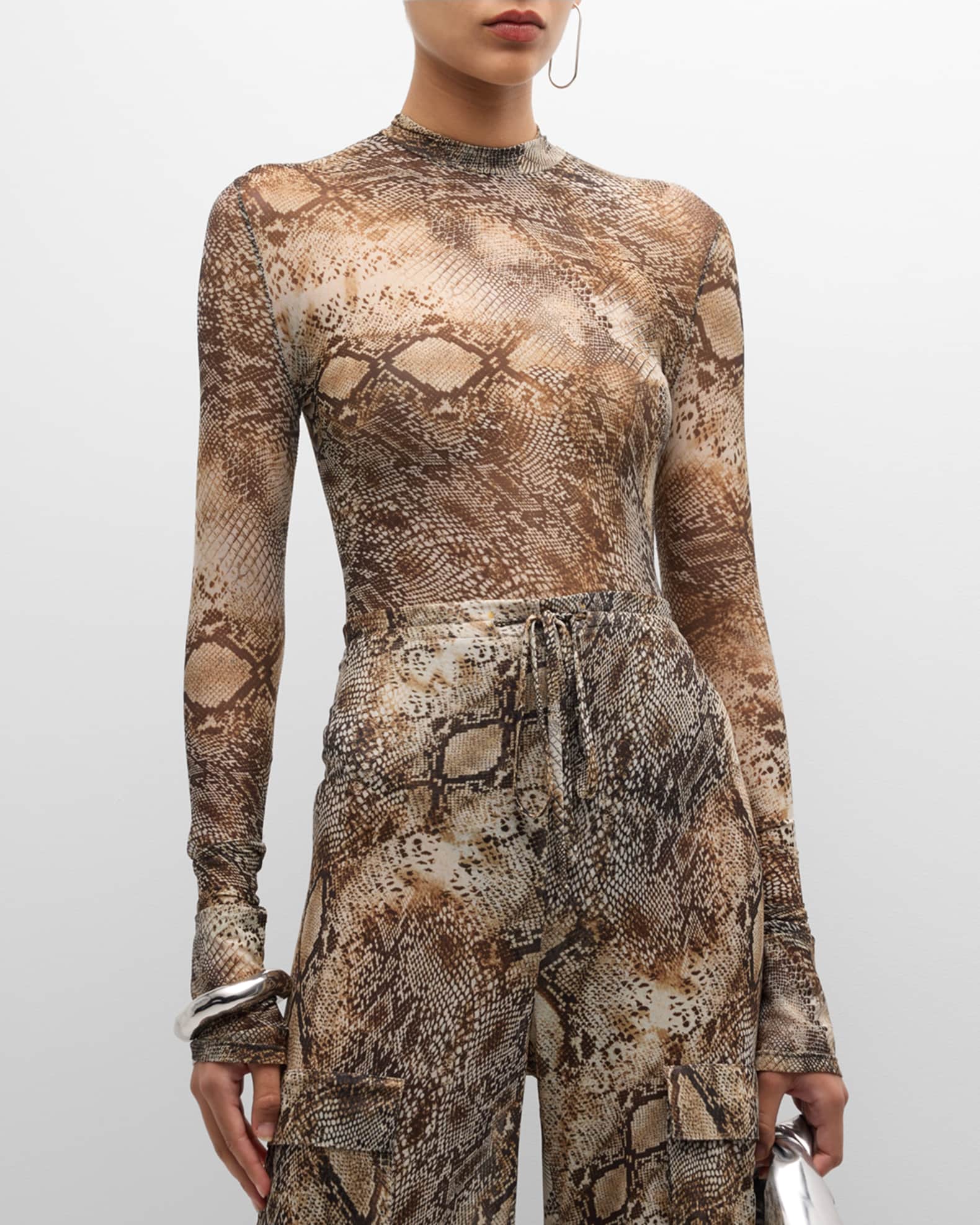 LAPOINTE Snakeskin-Print Mesh Mock-Neck Long-Sleeve Bodysuit | Neiman ...