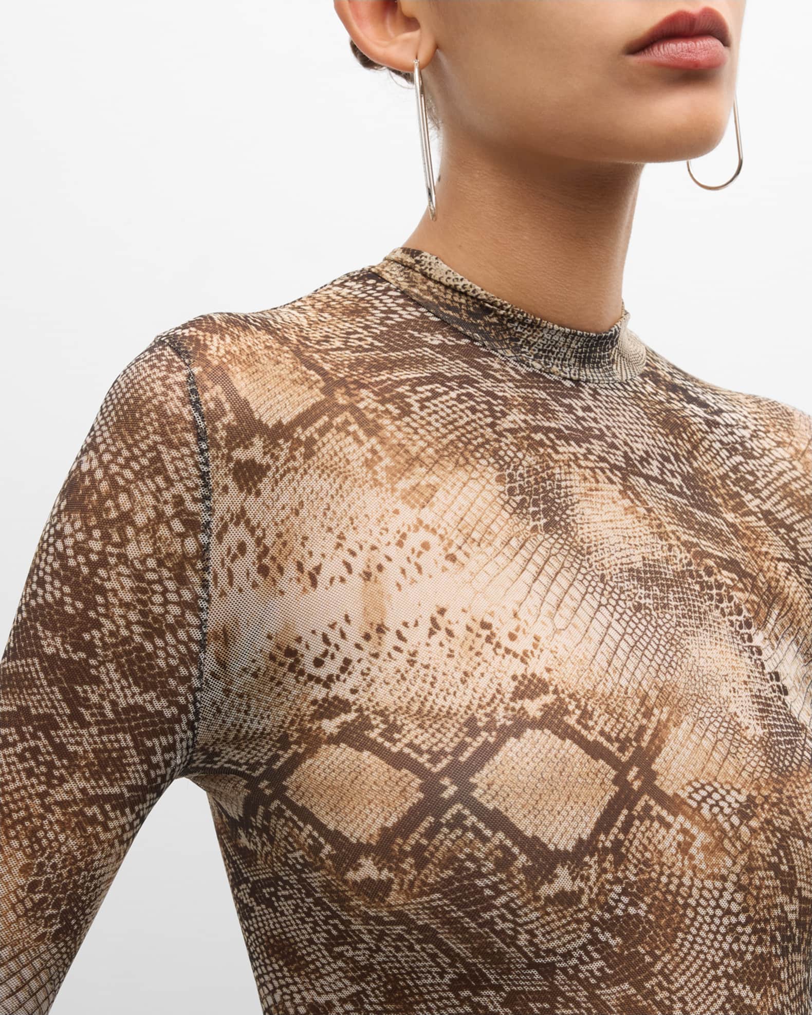 LAPOINTE Snakeskin-Print Mesh Mock-Neck Long-Sleeve Bodysuit | Neiman ...