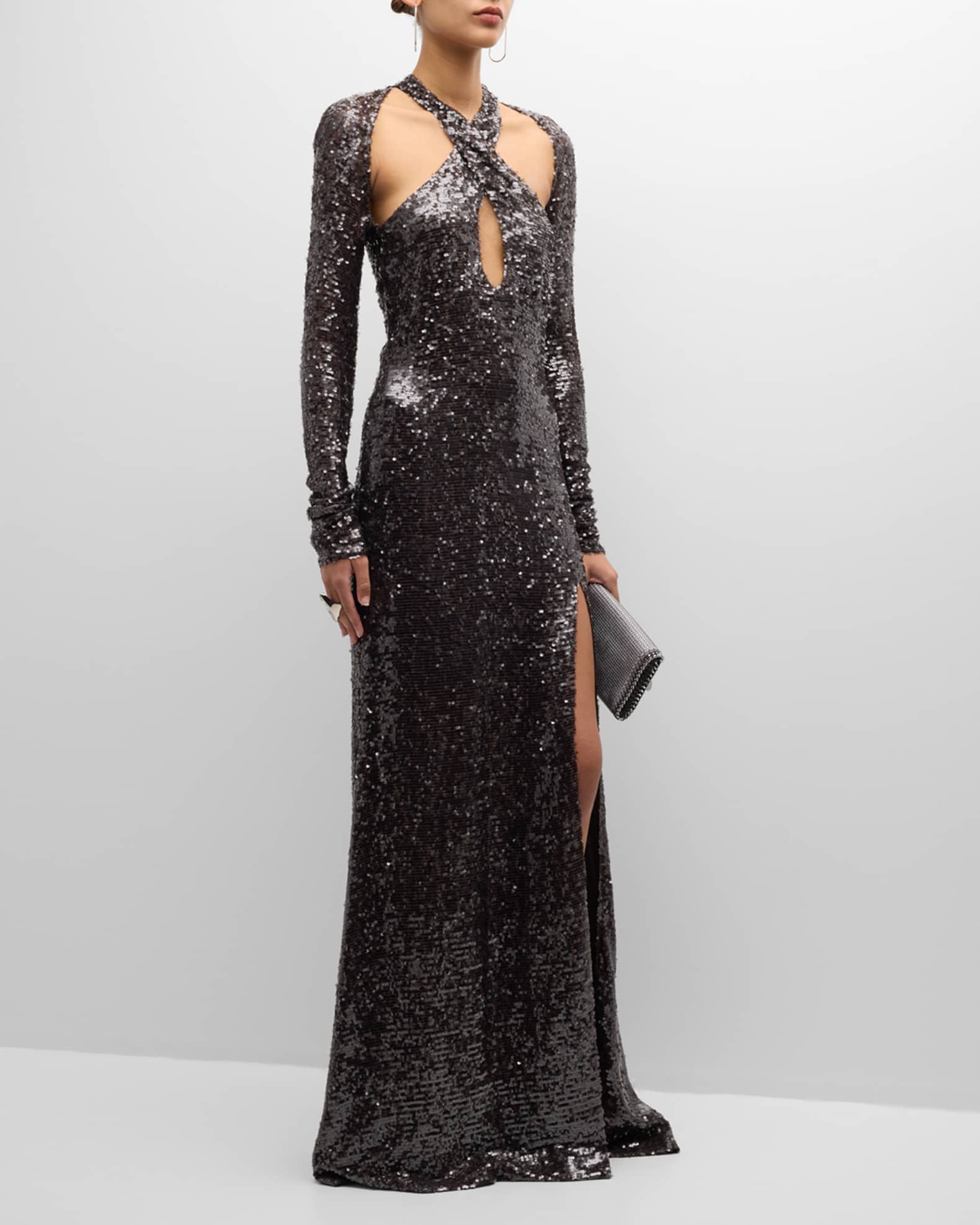 LAPOINTE Sequined Long-Sleeve Keyhole Halter Gown | Neiman Marcus