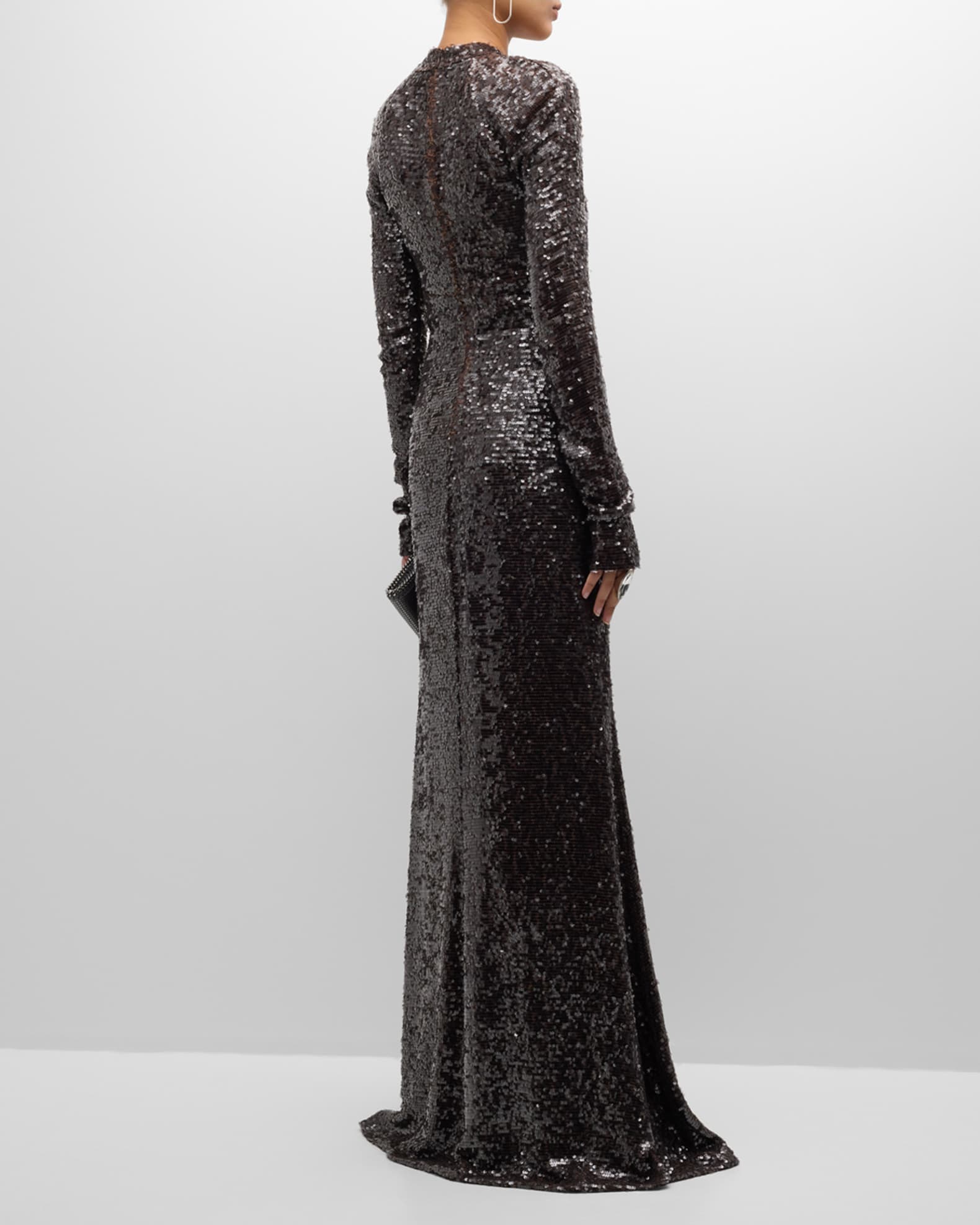 LAPOINTE Sequined Long-Sleeve Keyhole Halter Gown | Neiman Marcus