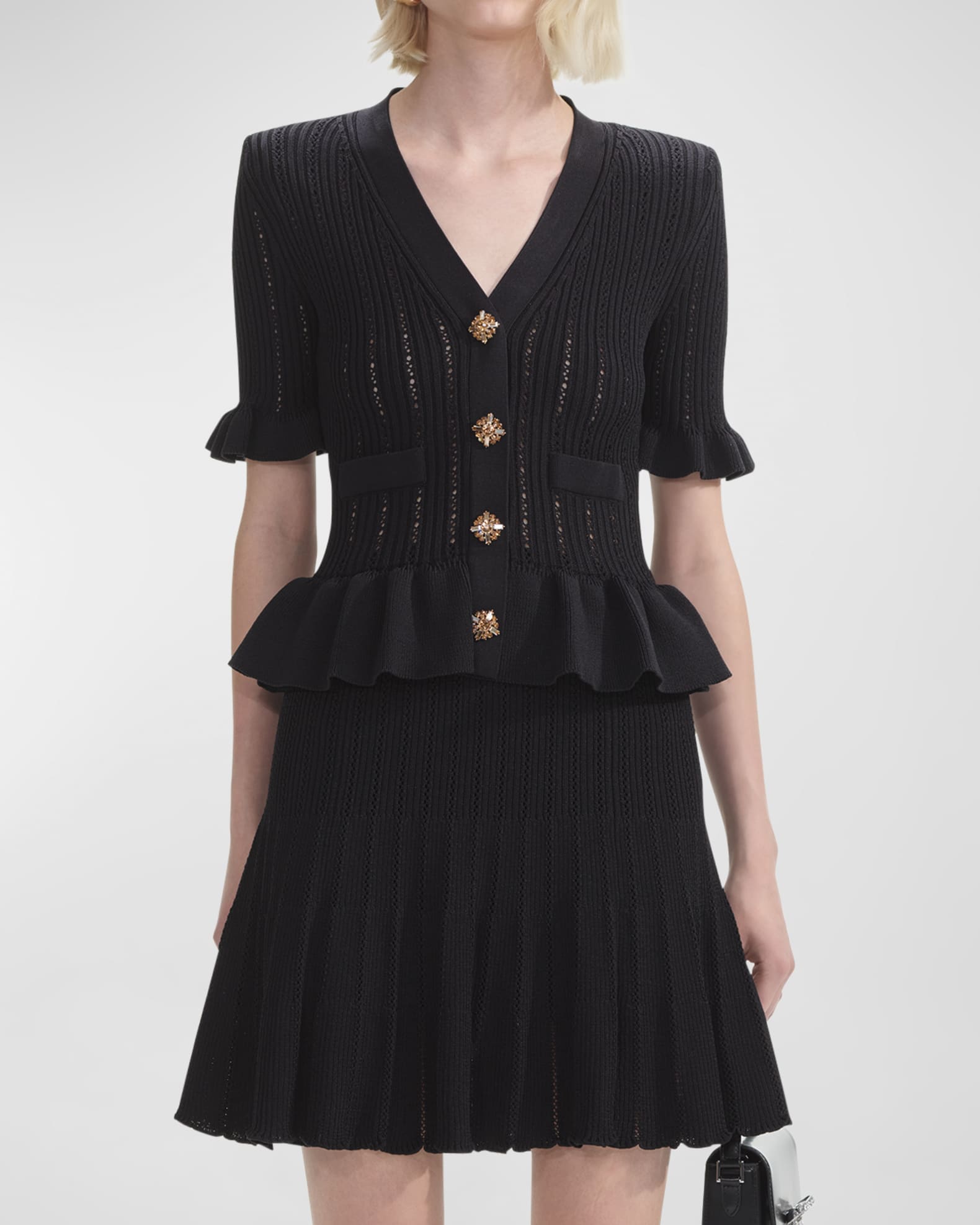 Self-Portrait Knit Peplum Short-Sleeve Mini Dress | Neiman Marcus