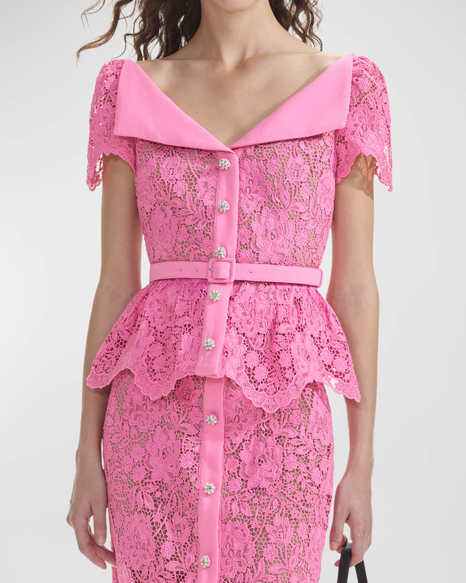 Self-Portrait Floral Lace Belted Open-Neck Top | Neiman Marcus