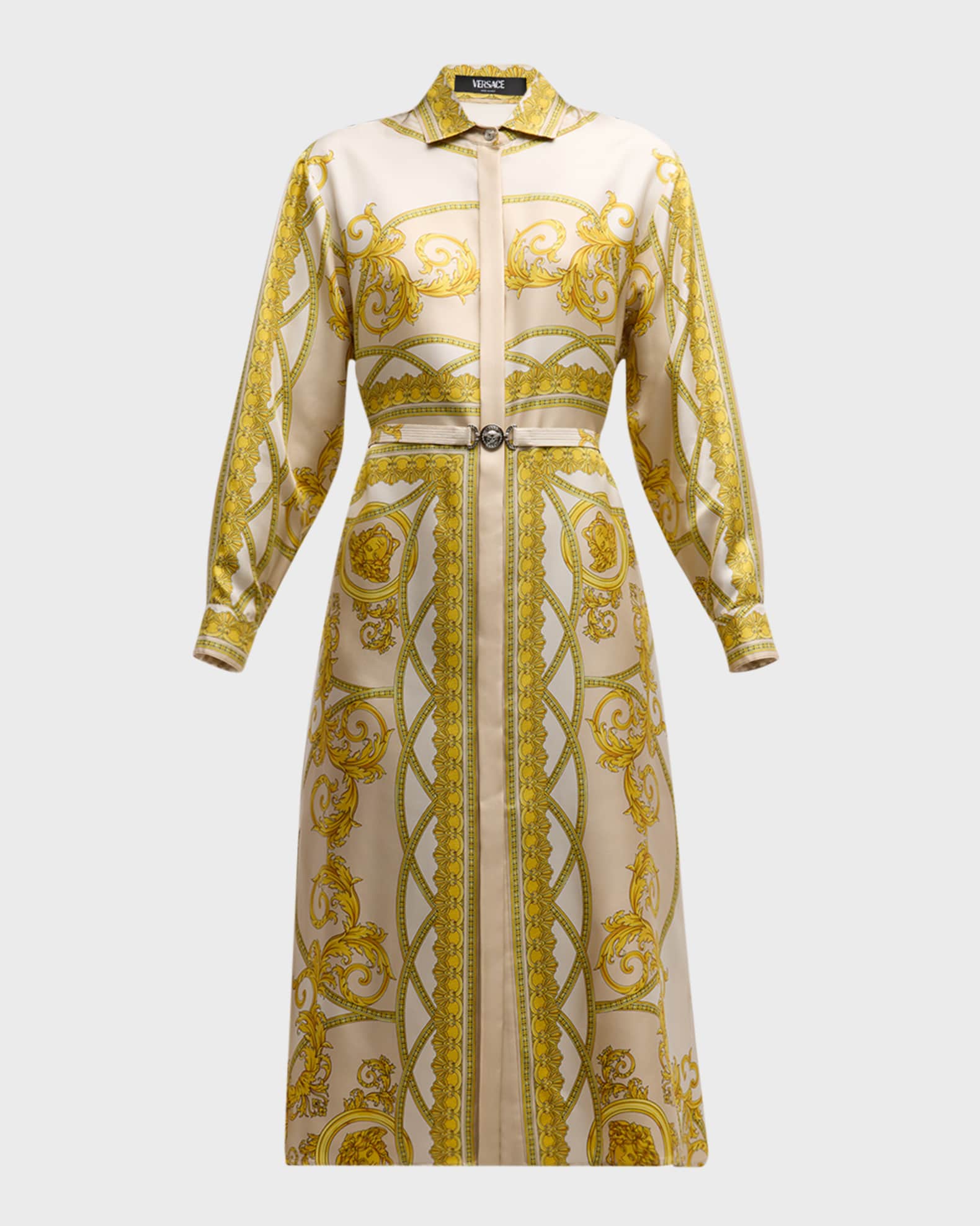 Versace Baroque Coupe De Deaux Silk Long-Sleeve Belted Midi Shirtdress ...
