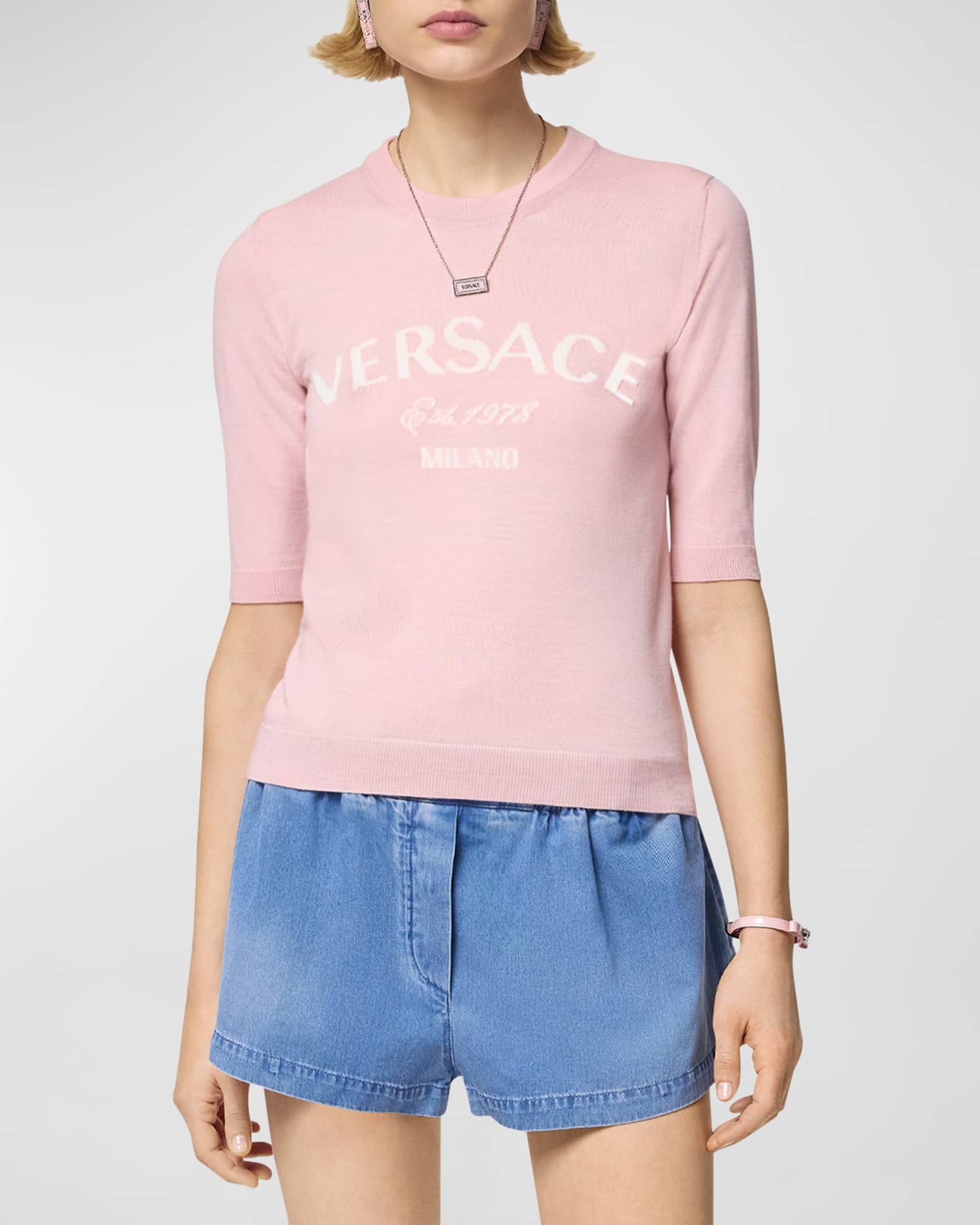 Versace College Logo Knit Short-Sleeve Wool Sweater | Neiman Marcus