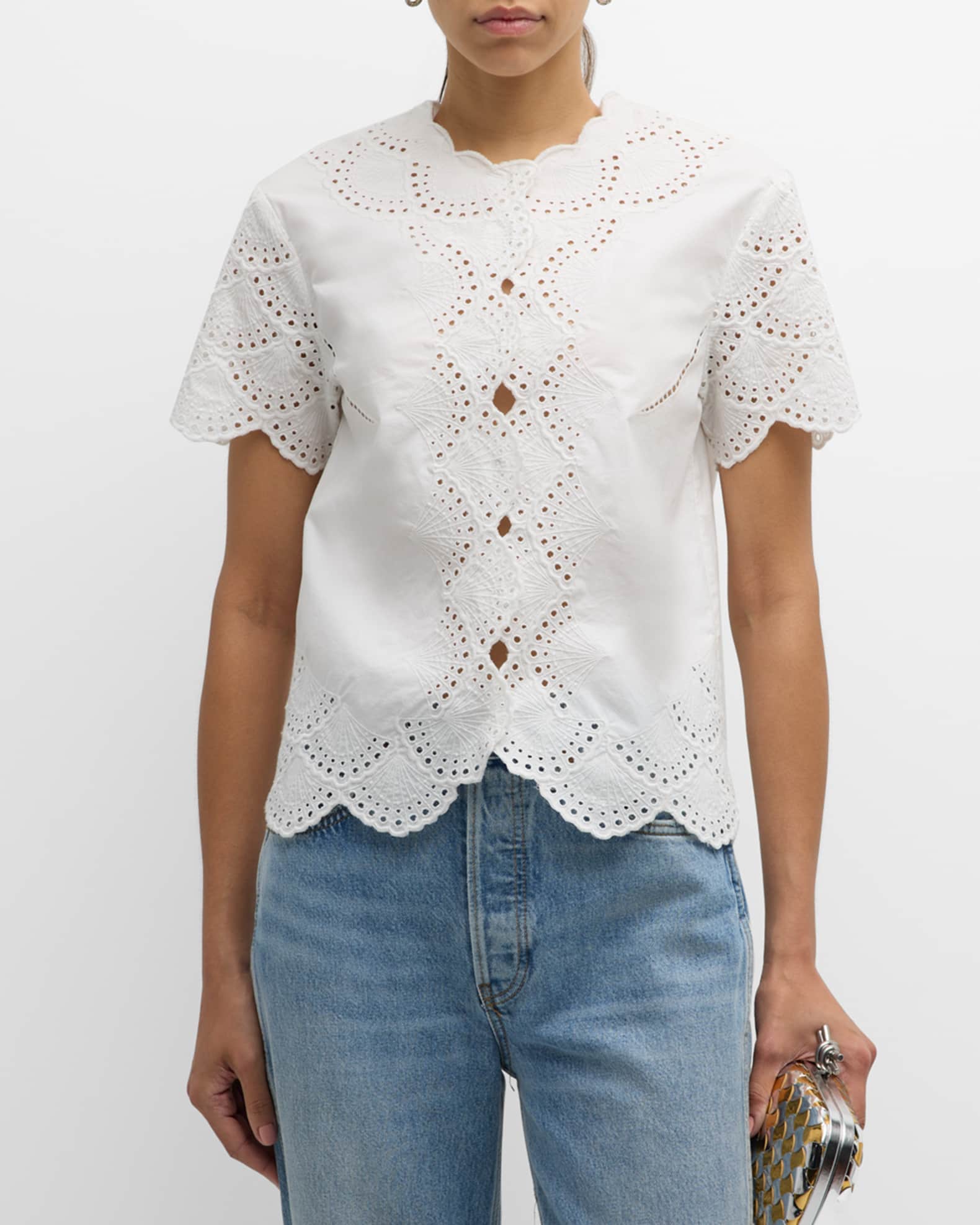 Loulou Studio Eyelet Embroidered Top with Scallop Trim | Neiman Marcus