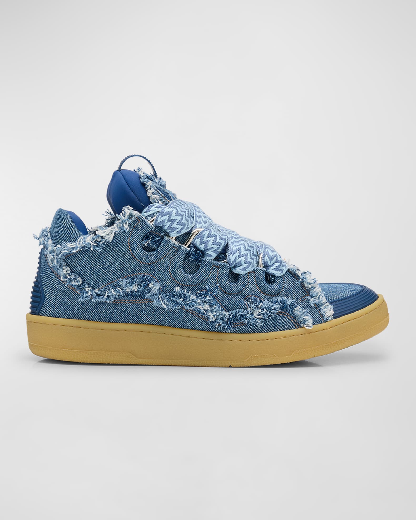 Lanvin Men's Curb Frayed Denim Low-Top Sneakers | Neiman Marcus