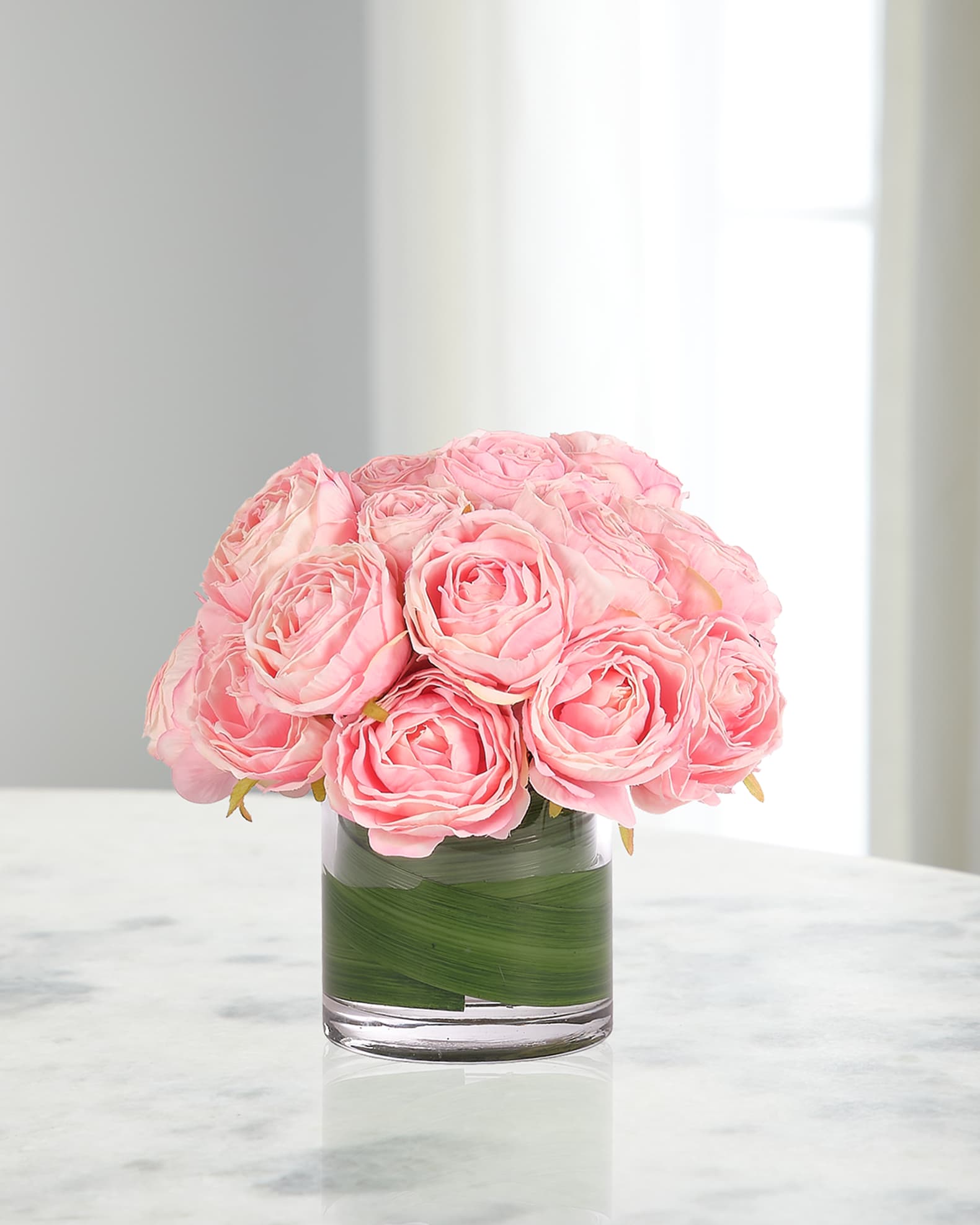 NDI Pink Roses 9" Faux Floral Arrangement in Glass Cylinder | Neiman Marcus