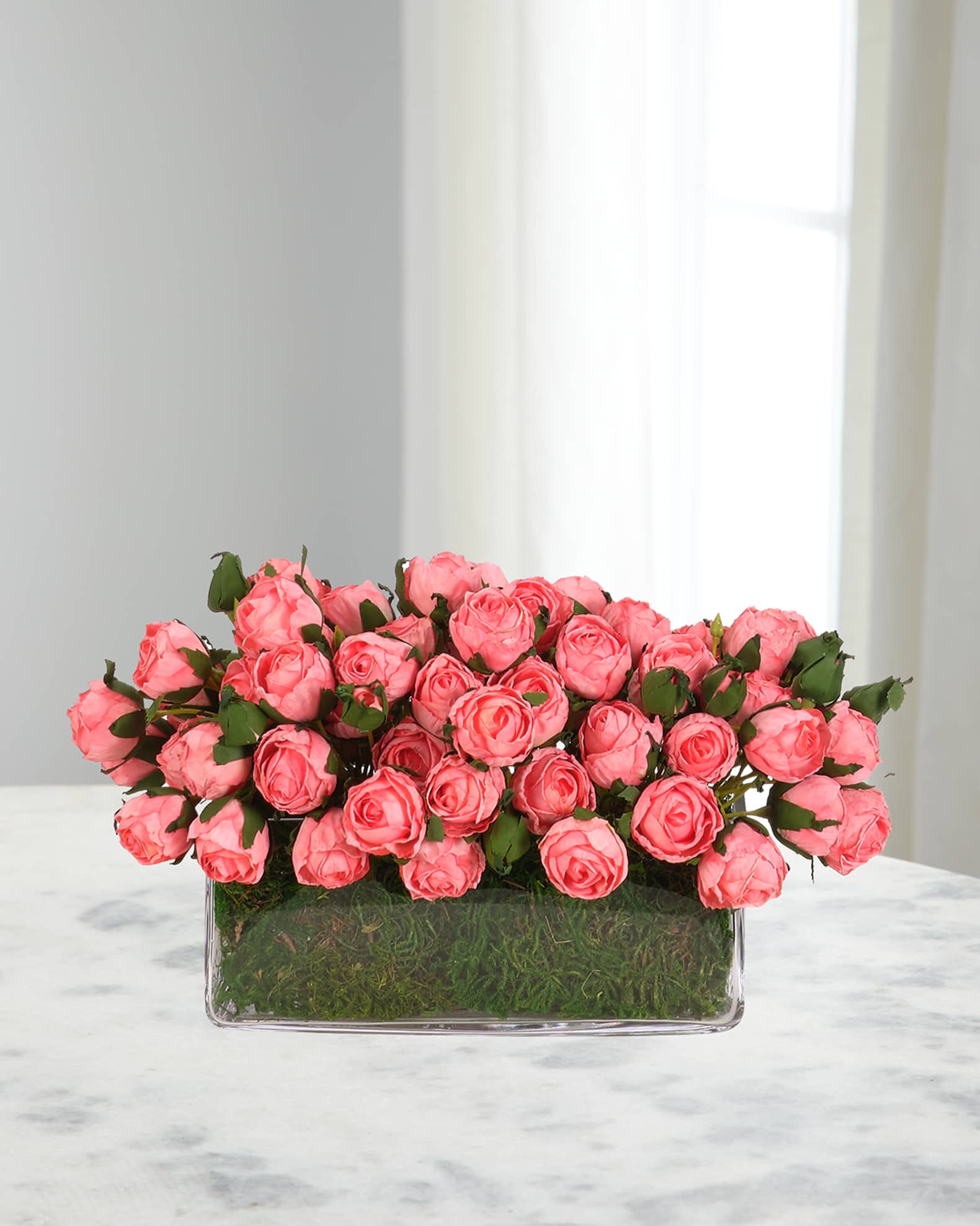 NDI Pink Roses with Moss Garden 14" Faux Floral Arrangement in Glass Rectangle | Neiman Marcus