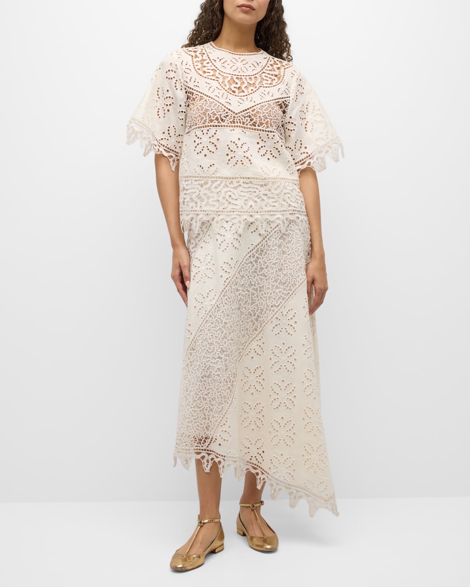 Ulla Johnson Solara Cutwork Linen Midi Skirt | Neiman Marcus