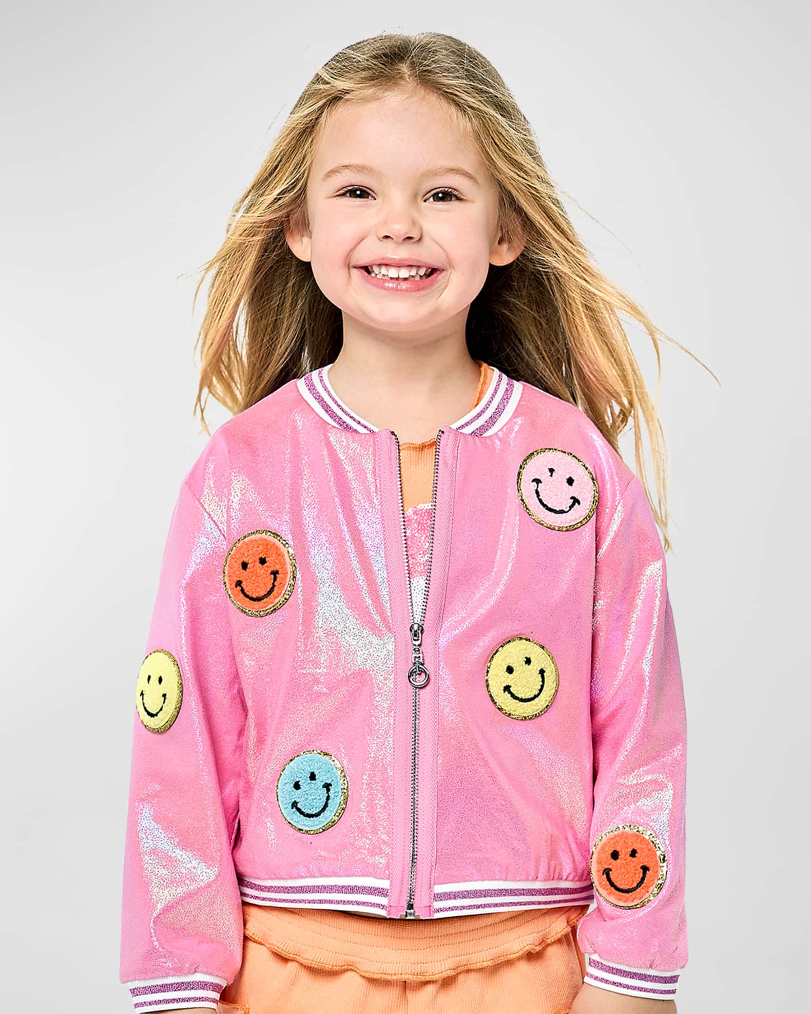Girl's Smiley Patch Bomber Jacket | Neiman Marcus