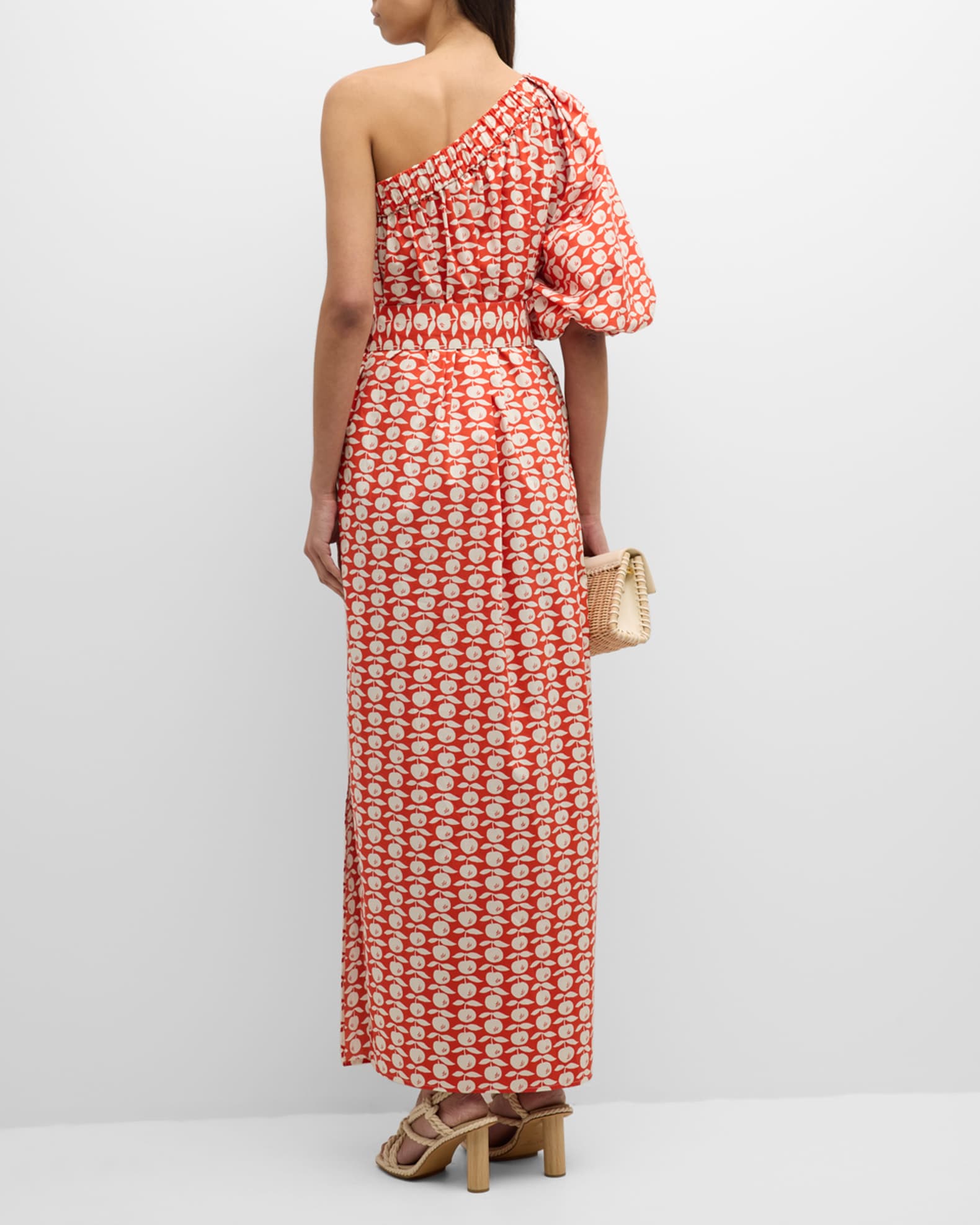 Oroton One-Shoulder Apple-Print Column Maxi Dress | Neiman Marcus