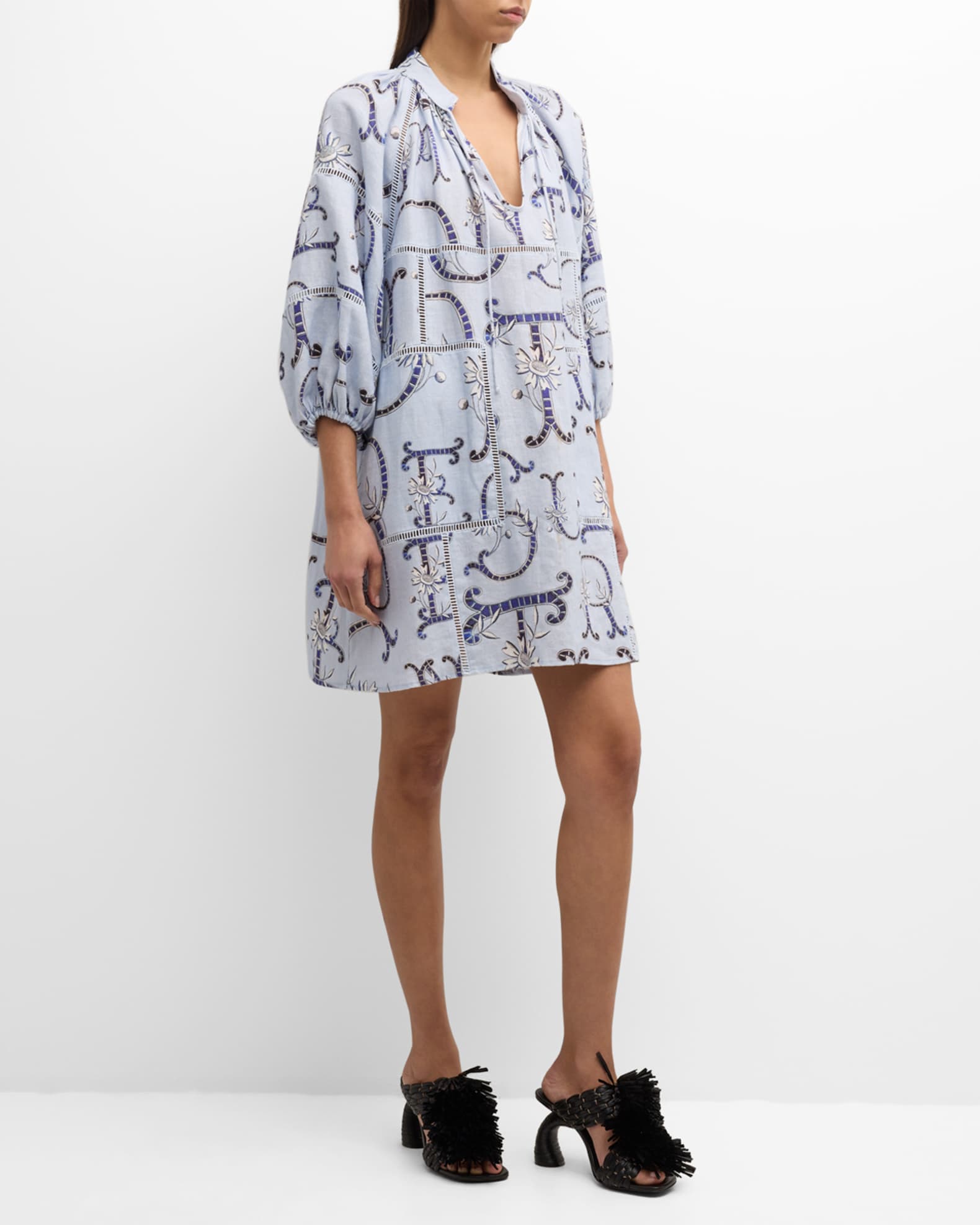 Oroton Floral-Print Lace-Inset Linen Mini Dress | Neiman Marcus