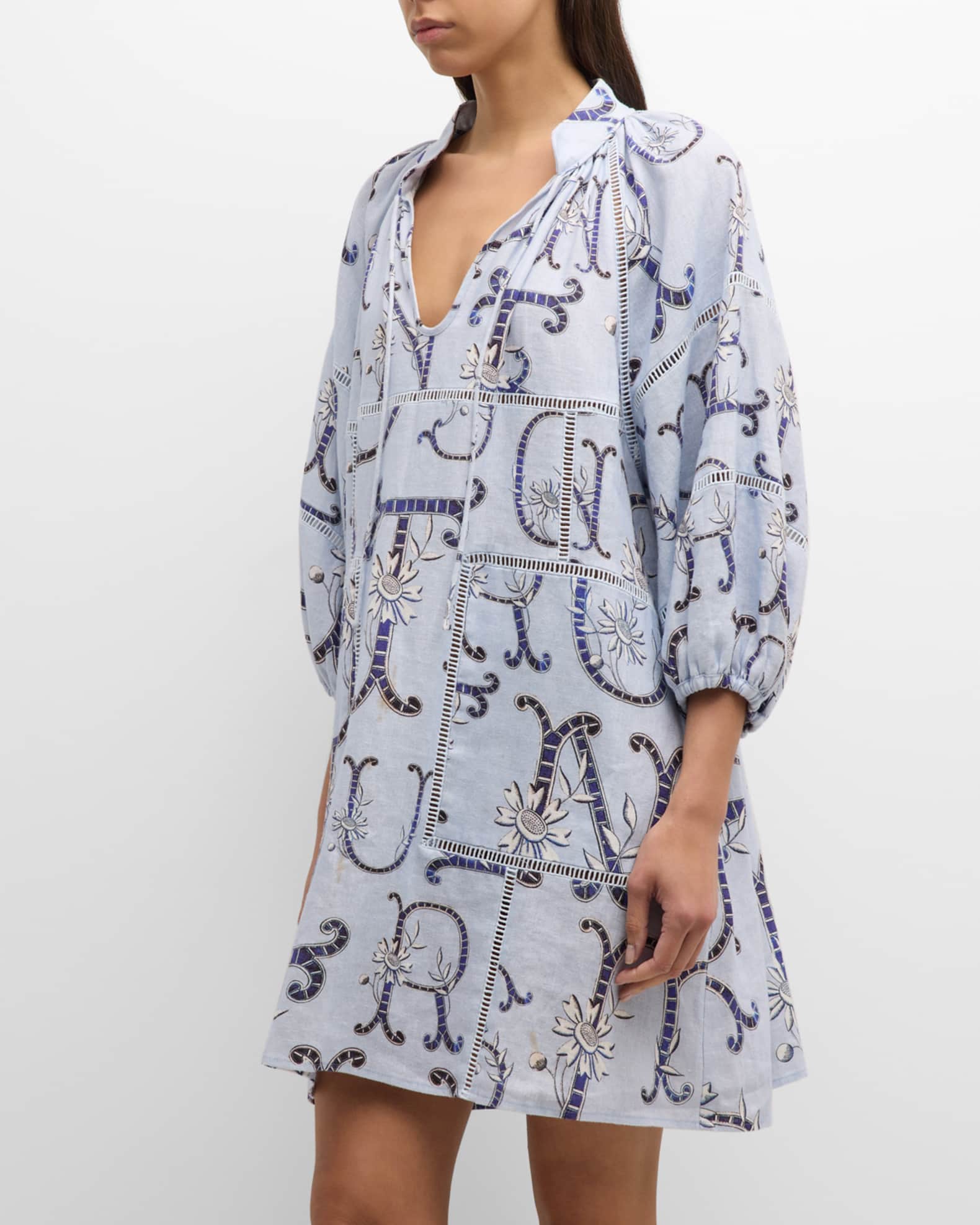 Oroton Floral-Print Lace-Inset Linen Mini Dress | Neiman Marcus
