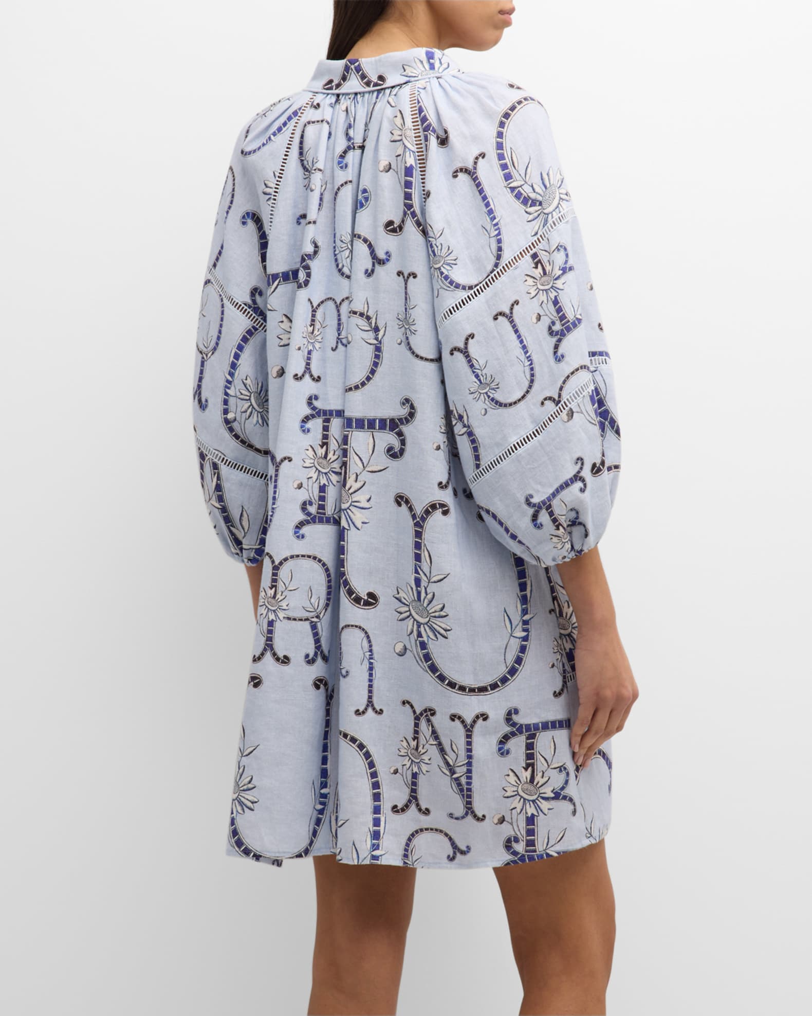 Oroton Floral-Print Lace-Inset Linen Mini Dress | Neiman Marcus