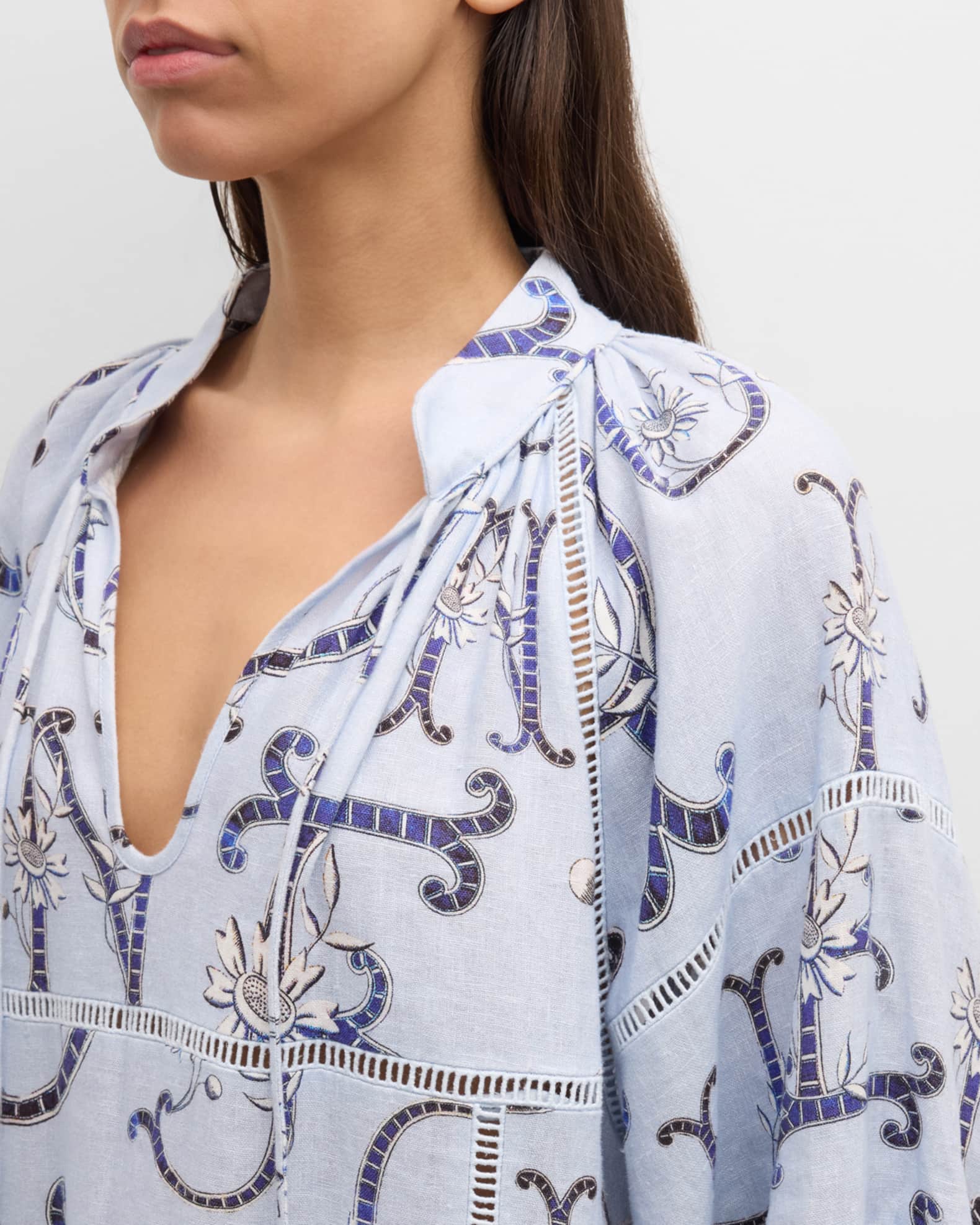 Oroton Floral-Print Lace-Inset Linen Mini Dress | Neiman Marcus