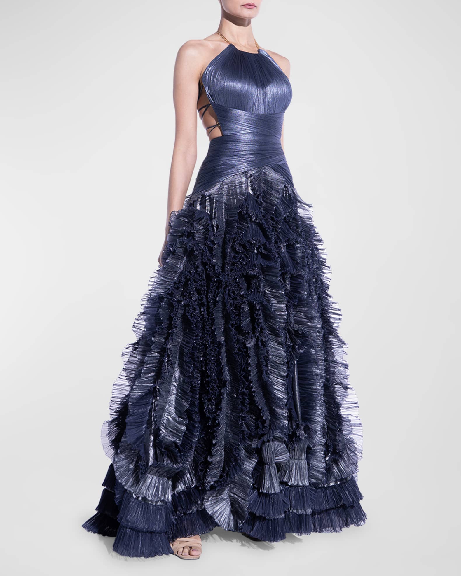 Maria Lucia Hohan Taylor Metallic Plisse Ruffle Backless Halter Gown ...