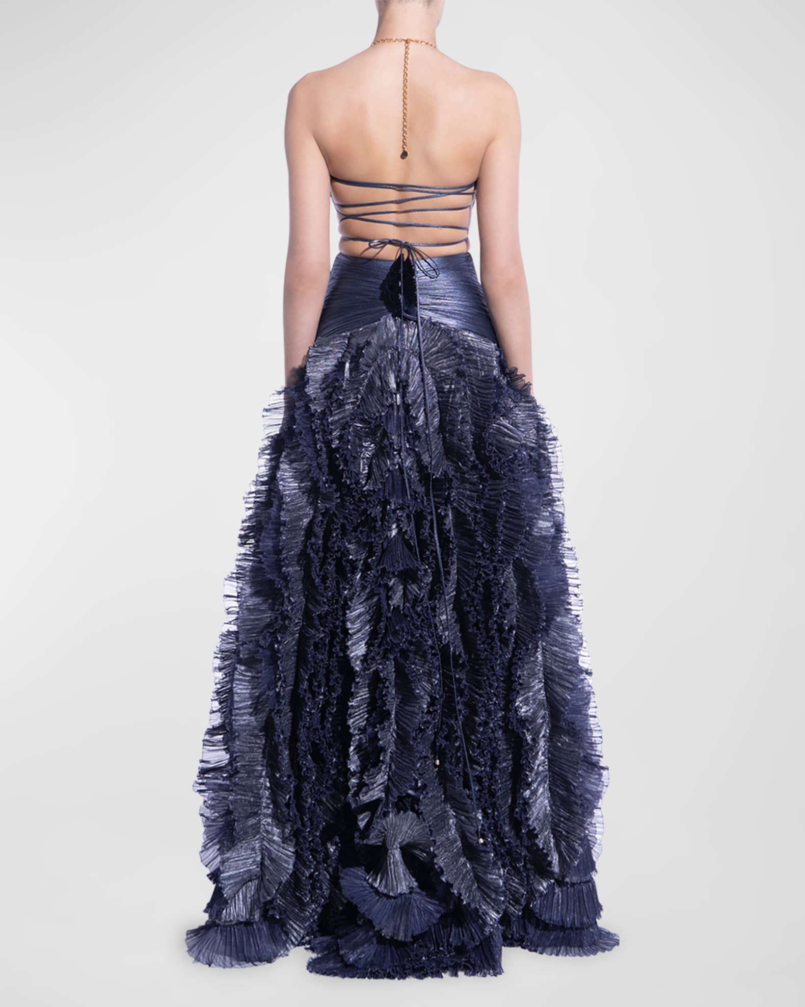 Maria Lucia Hohan Taylor Metallic Plisse Ruffle Backless Halter Gown ...