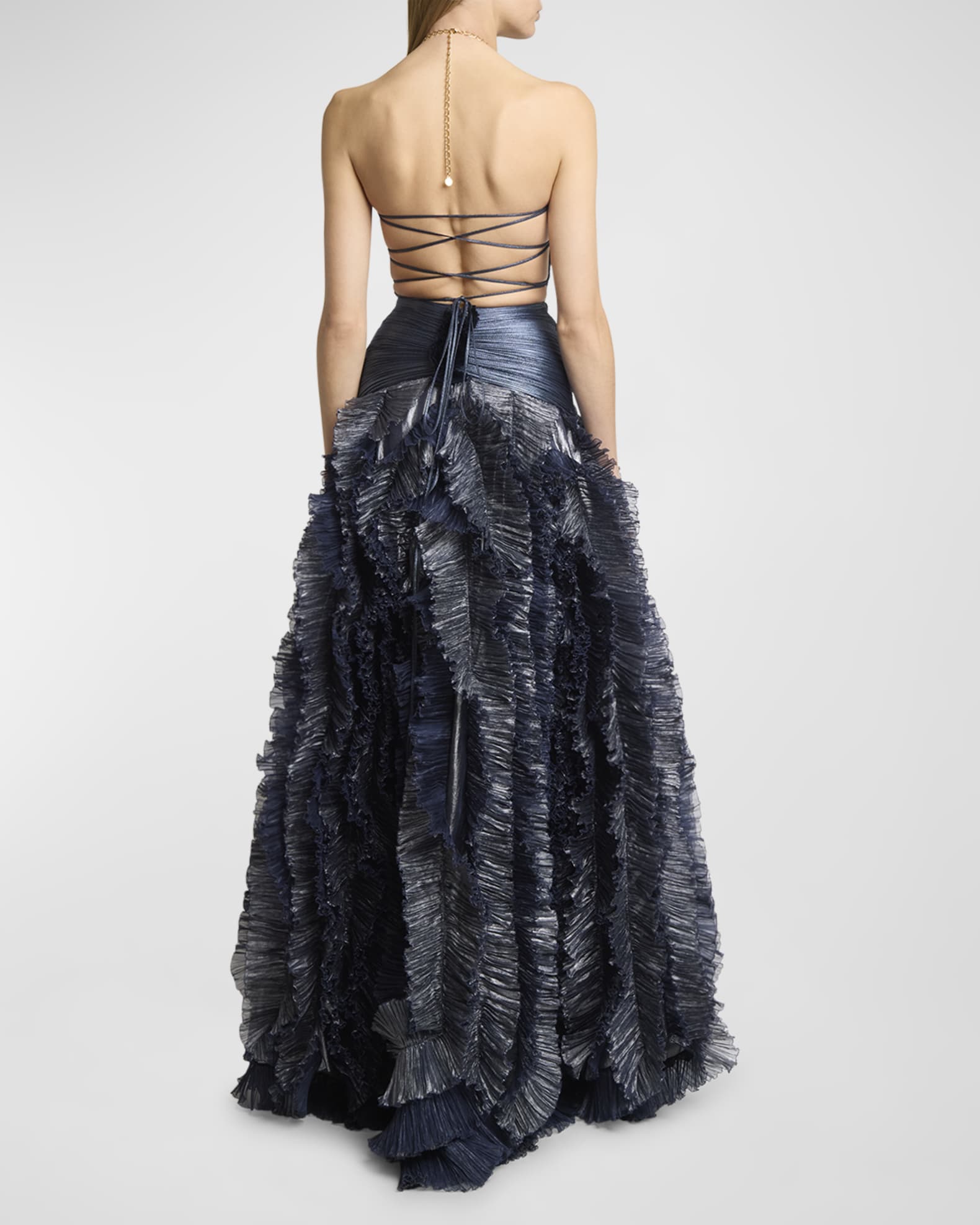 Maria Lucia Hohan Taylor Metallic Plisse Ruffle Backless Halter Gown ...