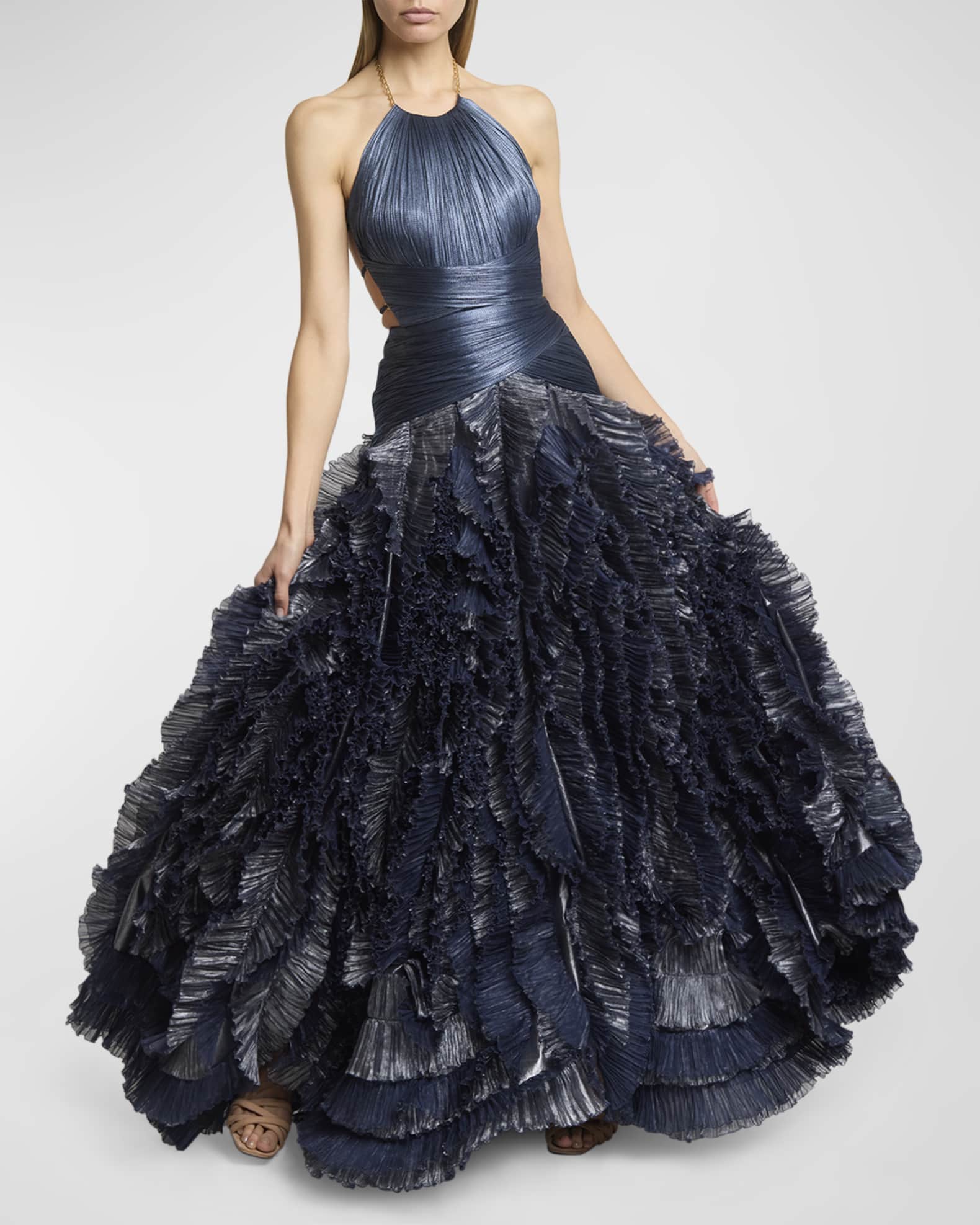 Maria Lucia Hohan Taylor Metallic Plisse Ruffle Backless Halter Gown ...