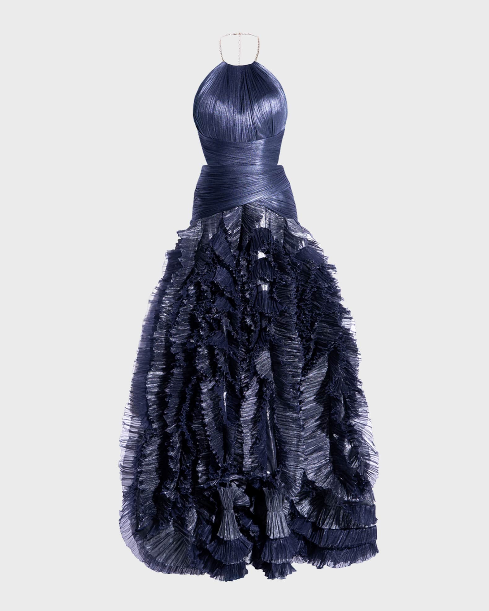 Maria Lucia Hohan Taylor Metallic Plisse Ruffle Backless Halter Gown ...