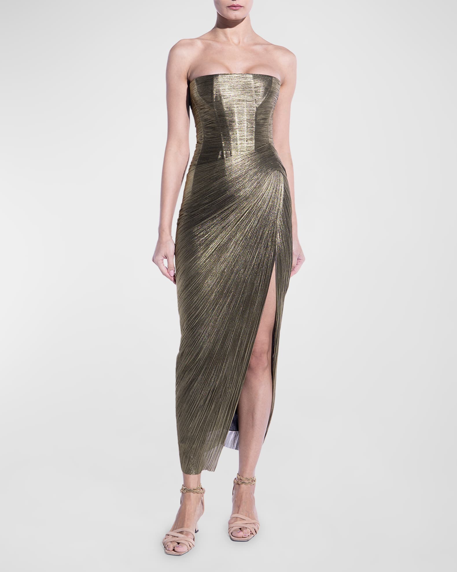 Maria Lucia Hohan Ruby Metallic Plisse Strapless Corset Slit-Hem Midi Dress | Neiman Marcus