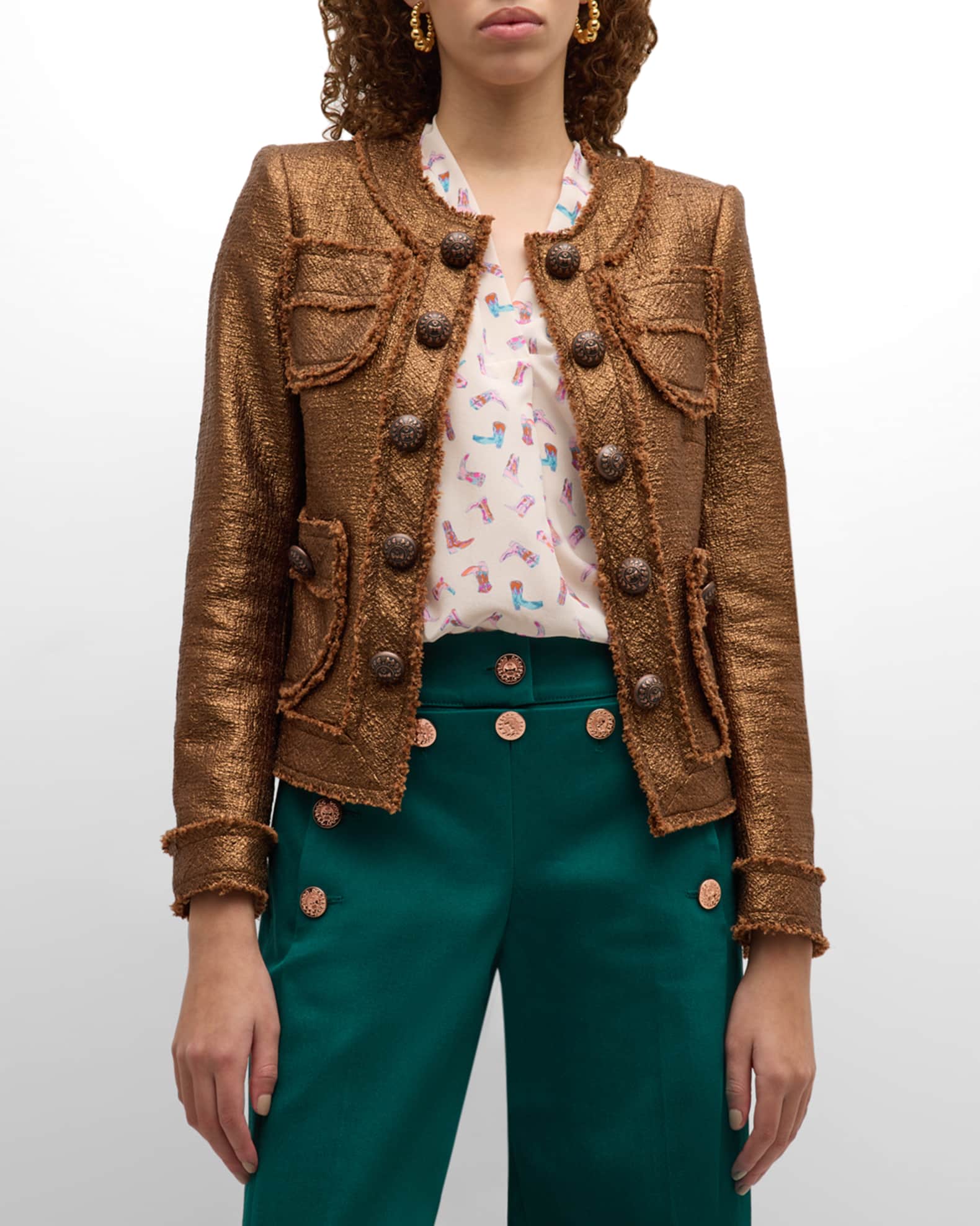 Maison Common Laquer Tweed Short Jacket with Patch Pockets | Neiman Marcus