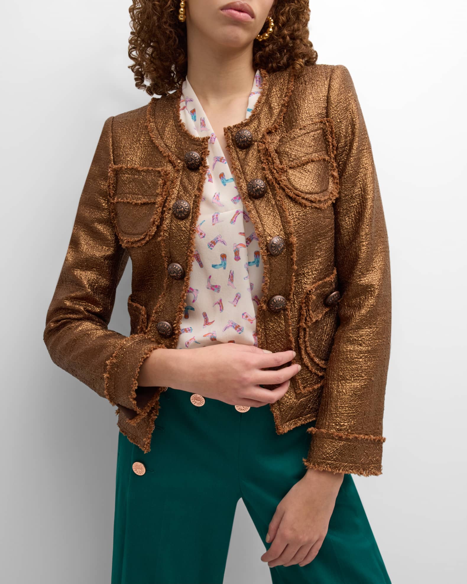 Maison Common Laquer Tweed Short Jacket with Patch Pockets | Neiman Marcus