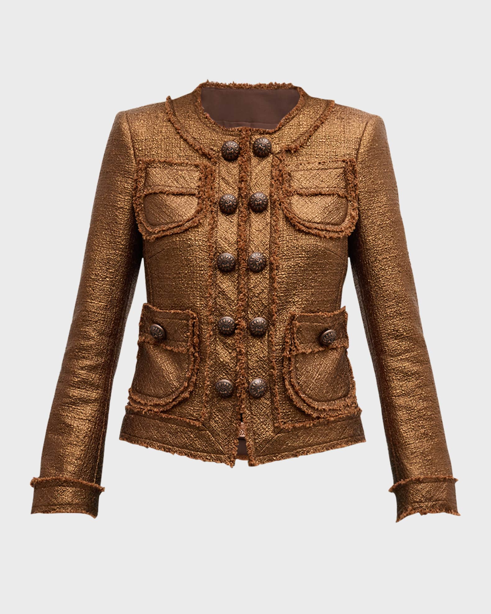 Maison Common Laquer Tweed Short Jacket with Patch Pockets | Neiman Marcus
