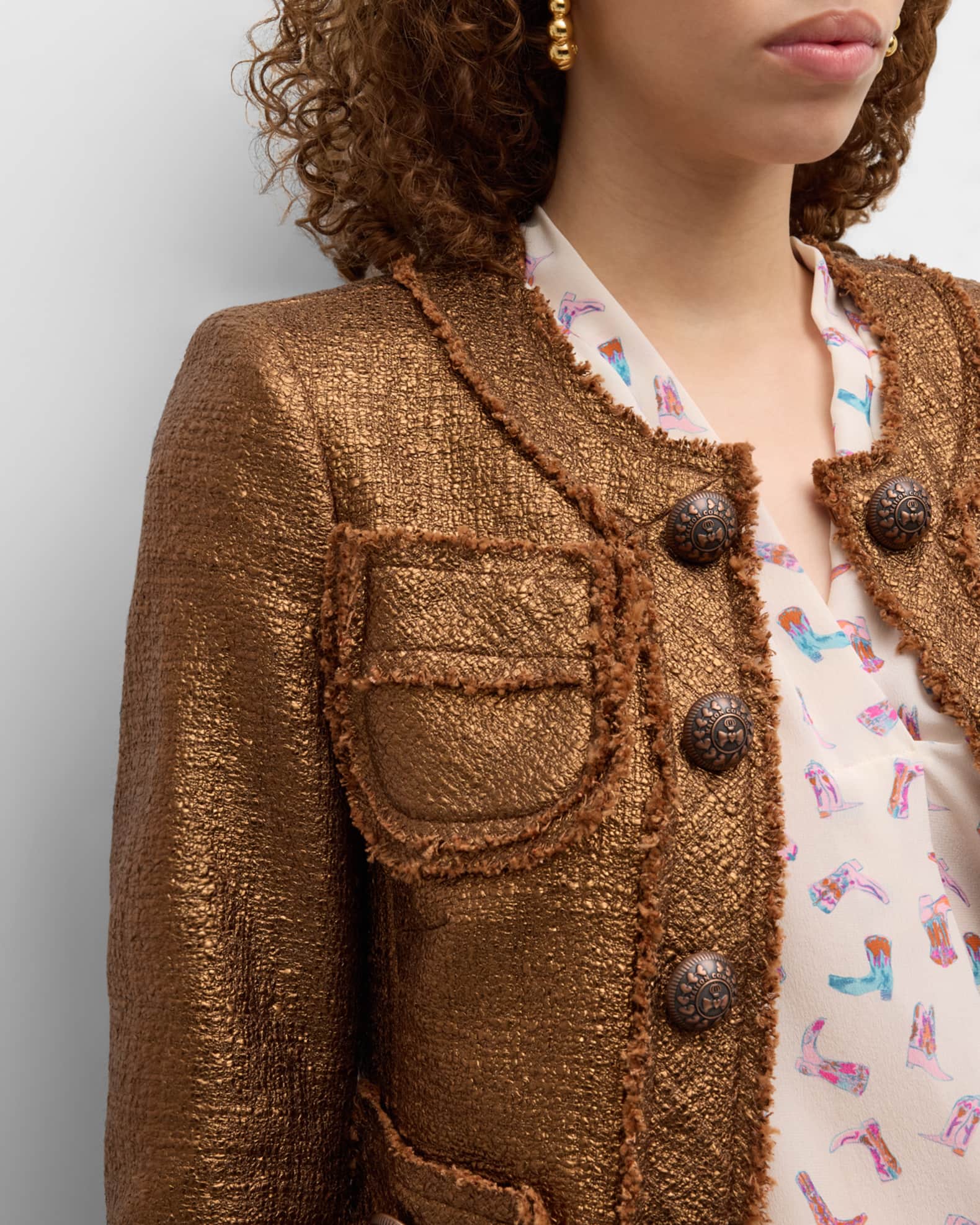 Maison Common Laquer Tweed Short Jacket with Patch Pockets | Neiman Marcus