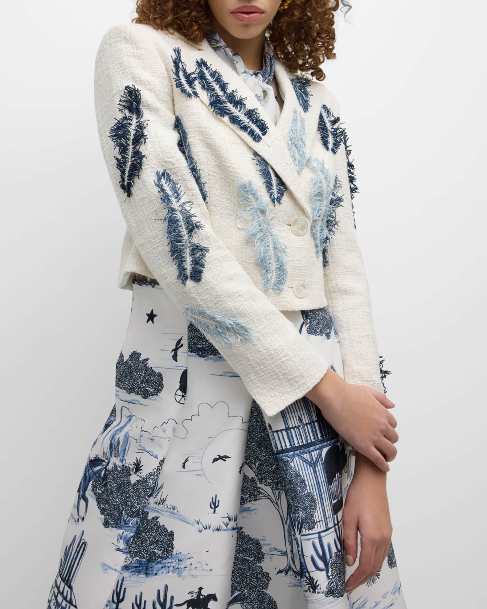 Maison Common Feather Embroidered Cropped Blazer Jacket | Neiman Marcus