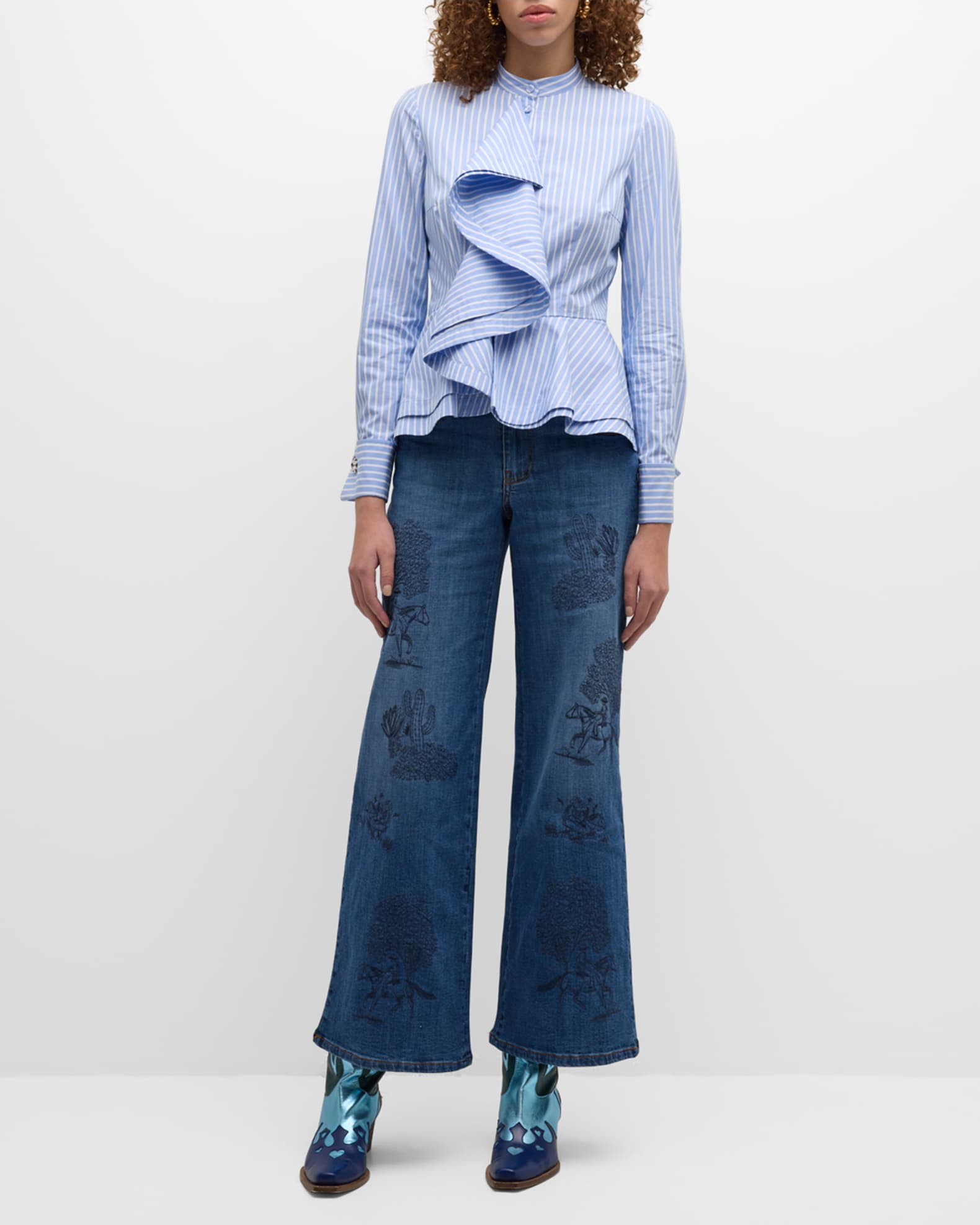 Maison Common Cotton Stripe Ruffled Shirt with Western Embroidered Back ...