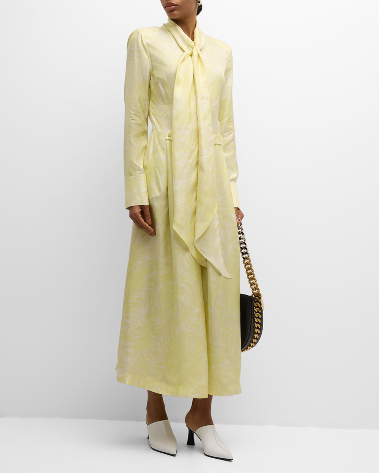 Stella McCartney Feather-Print Scarf-Neck Long-Sleeve Silk Maxi Dress ...