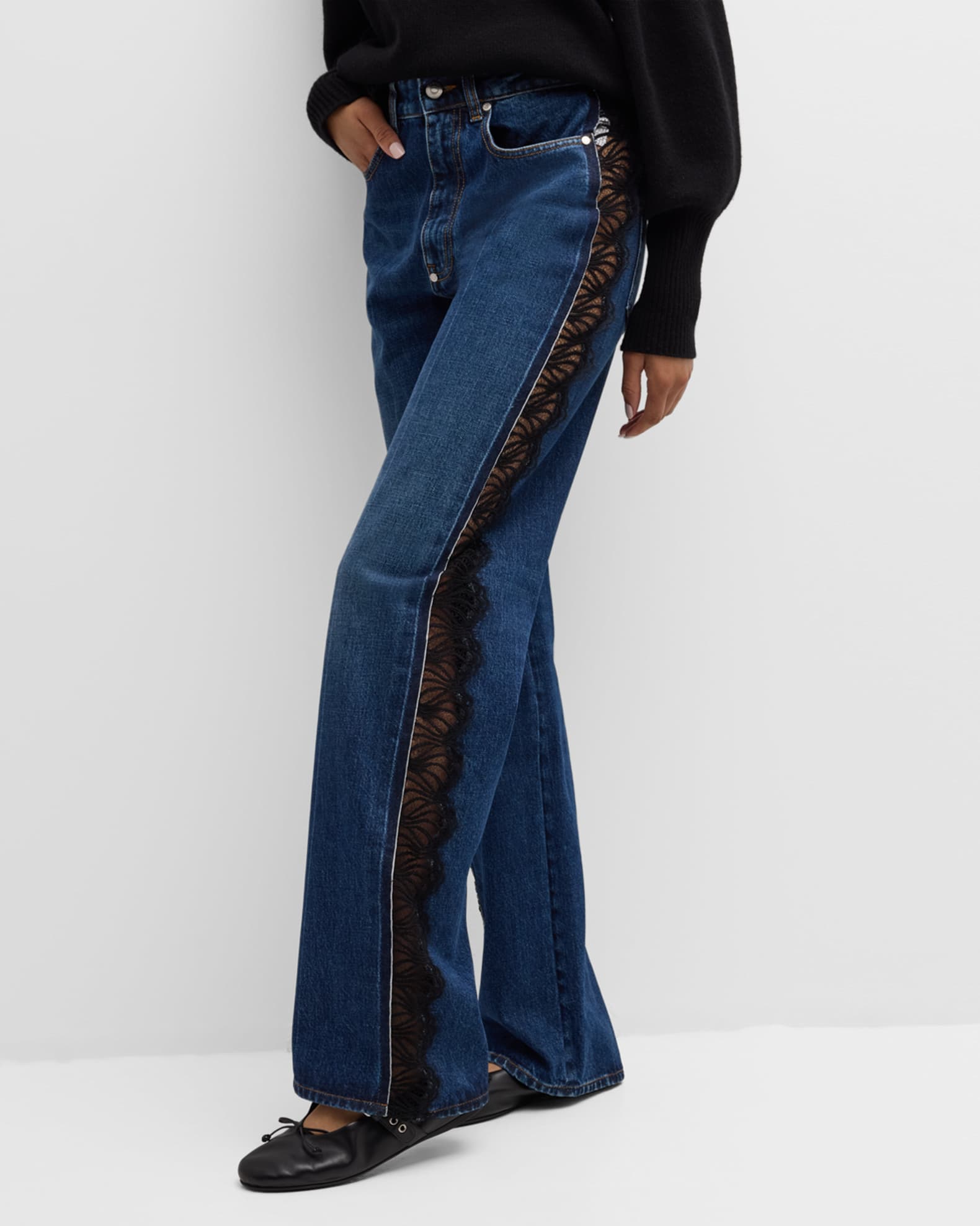 Stella McCartney Mid-Rise Lace-Inset Vintage Wash Straight-Leg Jeans ...